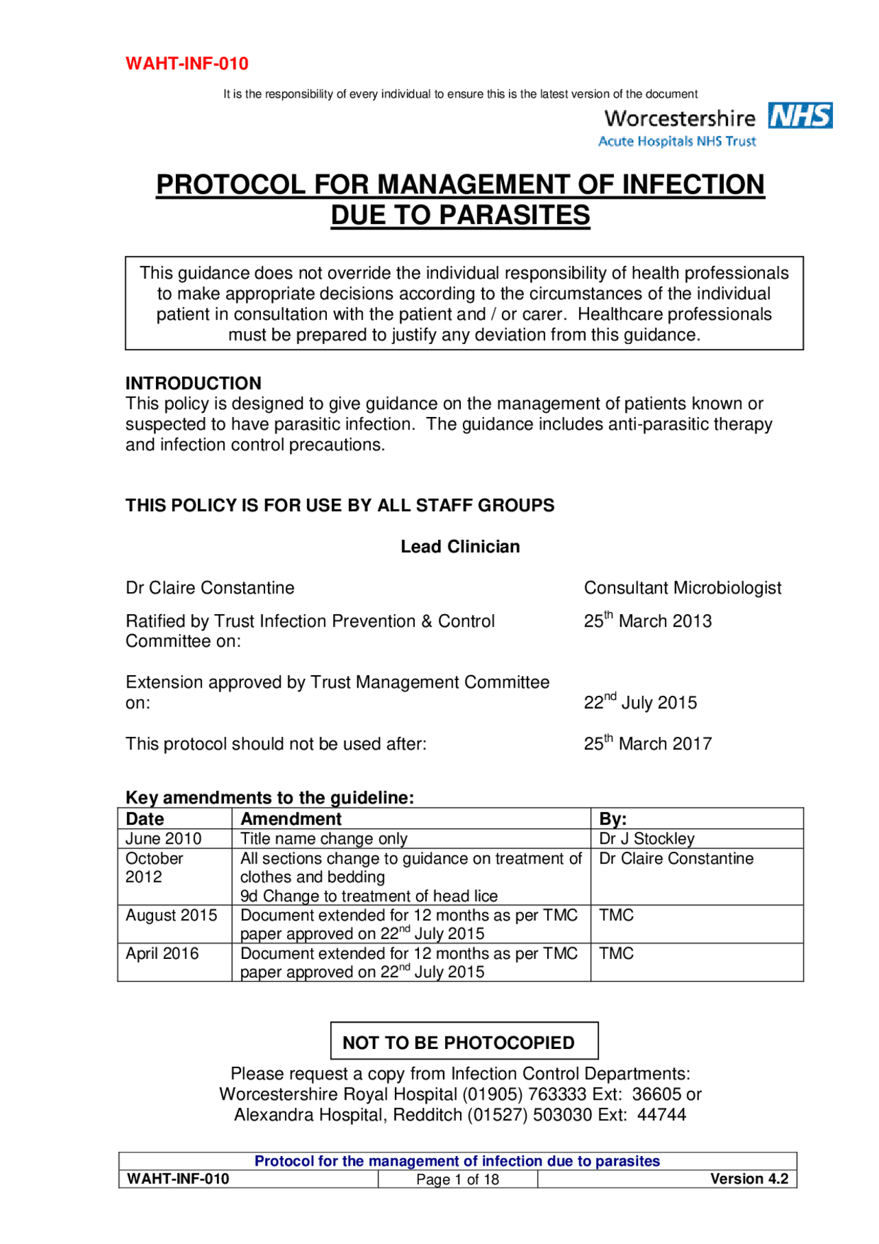 Protocol for management of infection due to parasites | Exercises ...