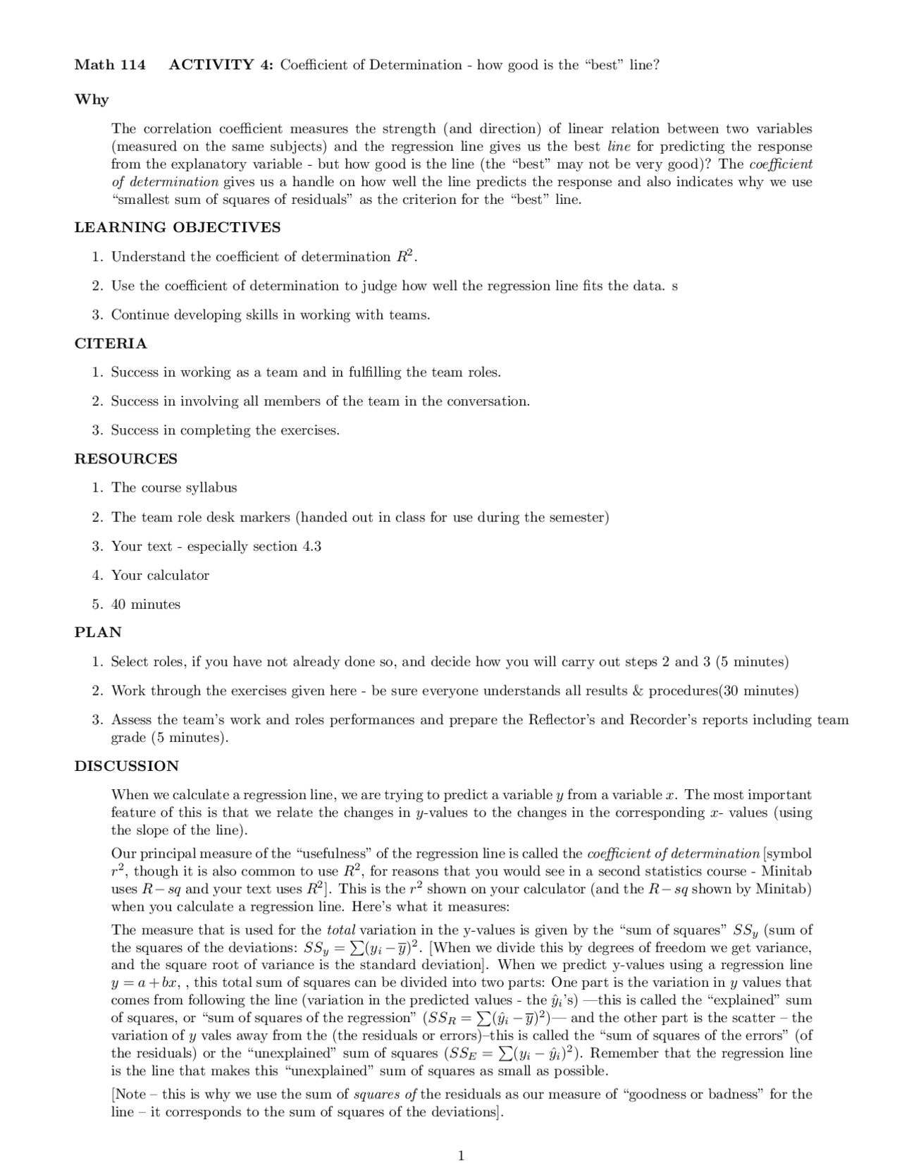 Math 114 ACTIVITY 4: Coefficient of Determination | Exams Statistics ...