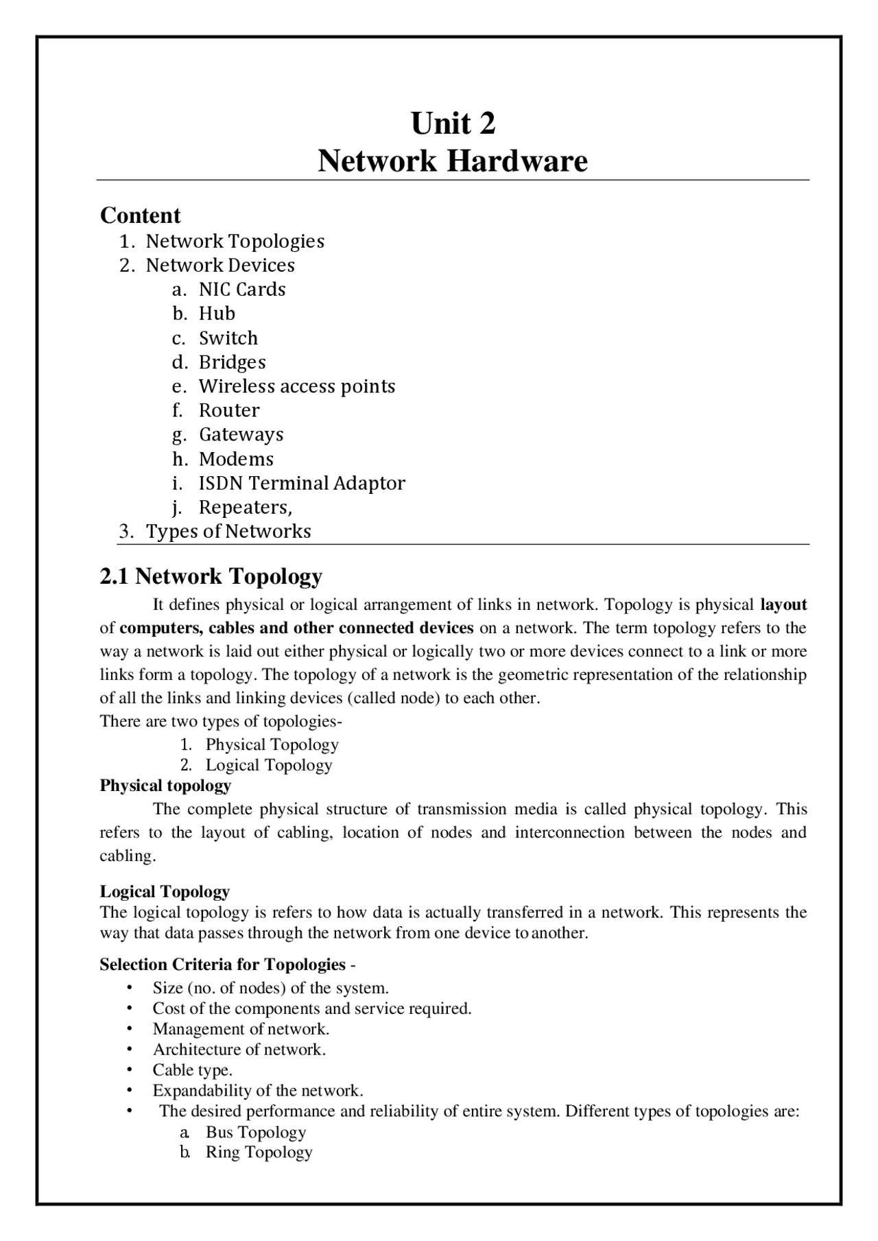 Unit 2 Network Hardware | Exercises Topology | Docsity