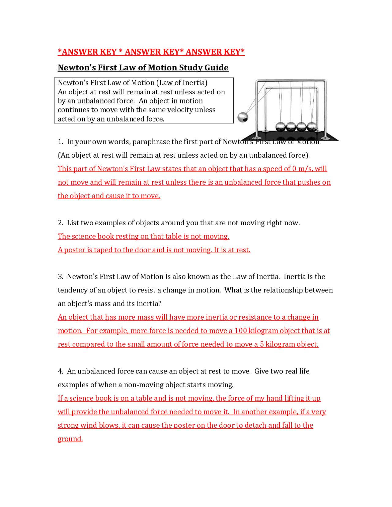 Newton's First Law of Motion Study Guide | Exams Law | Docsity