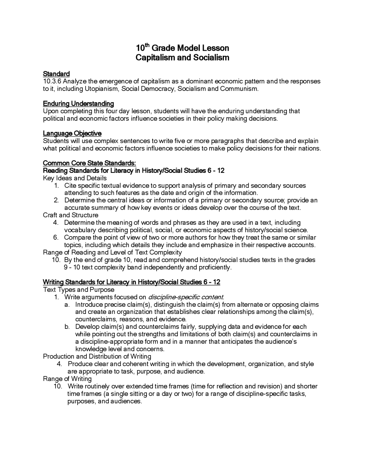 10th Grade Model Lesson Capitalism and Socialism | Summaries History ...