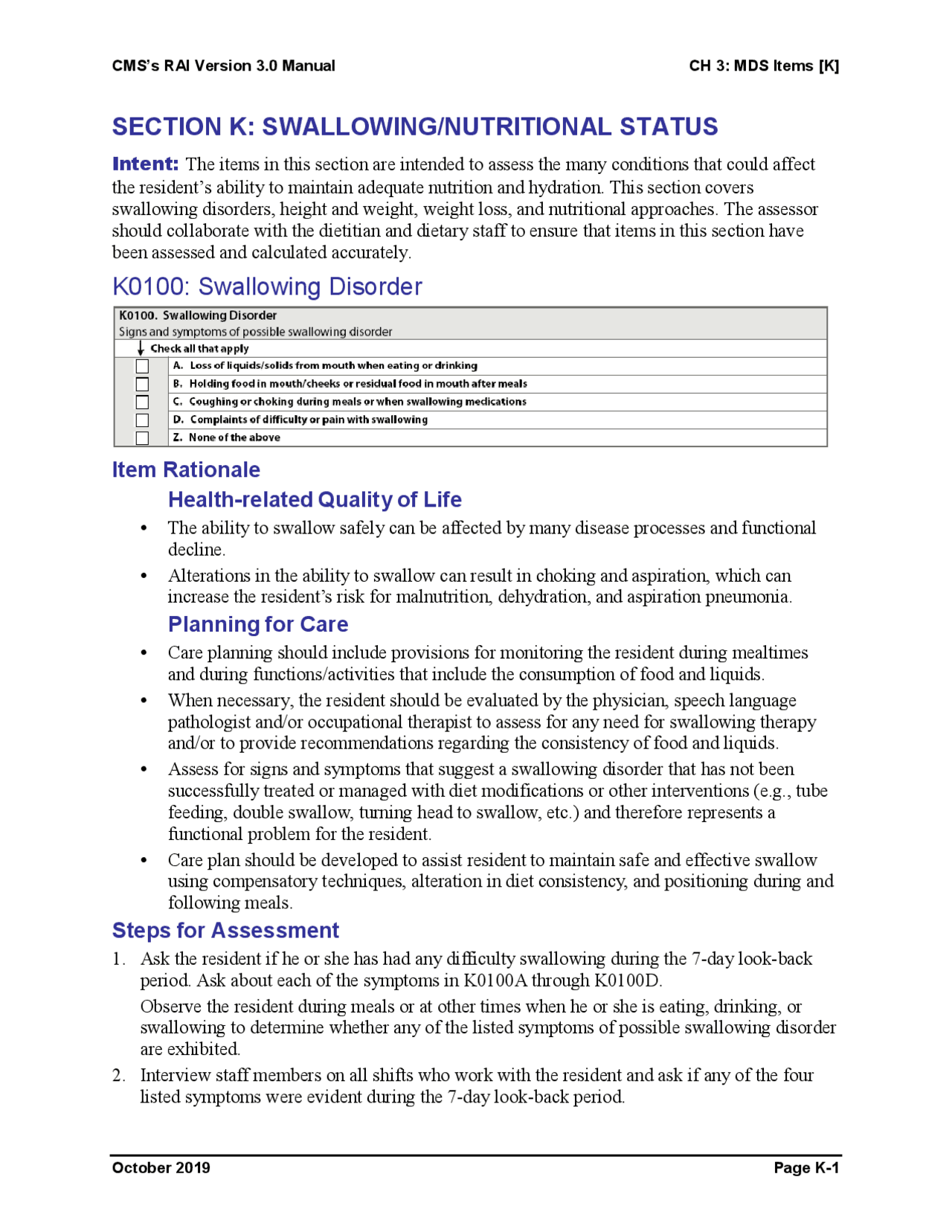 MDS 3.0 RAI Manual v1.17.1_October 2019 | Study notes Nutrition | Docsity