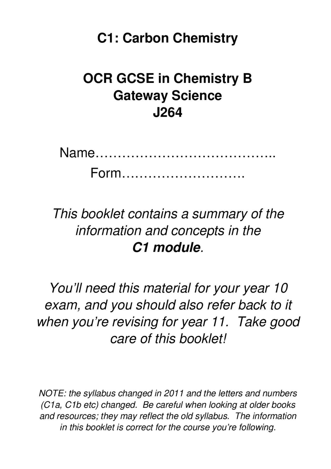 C1: Carbon Chemistry | Lecture notes Chemistry | Docsity