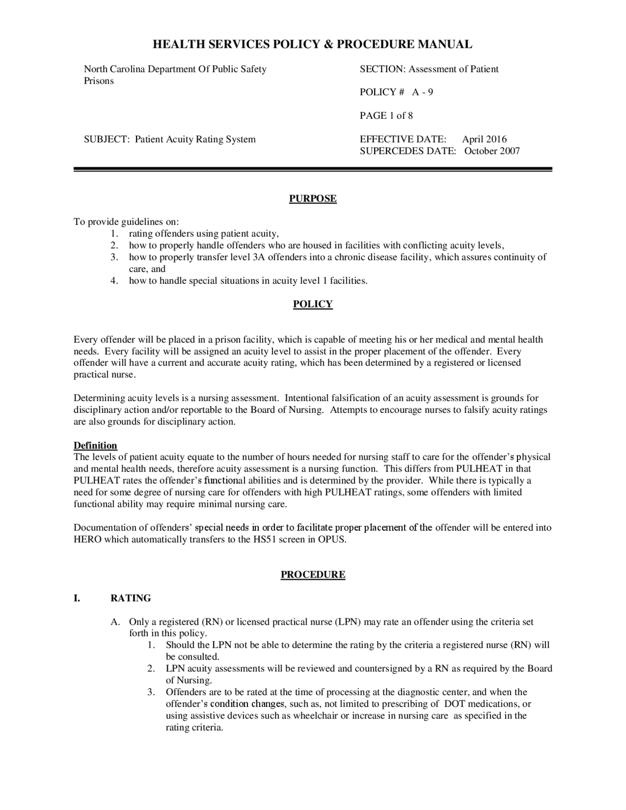 ACUITY RATING | Summaries Nursing | Docsity