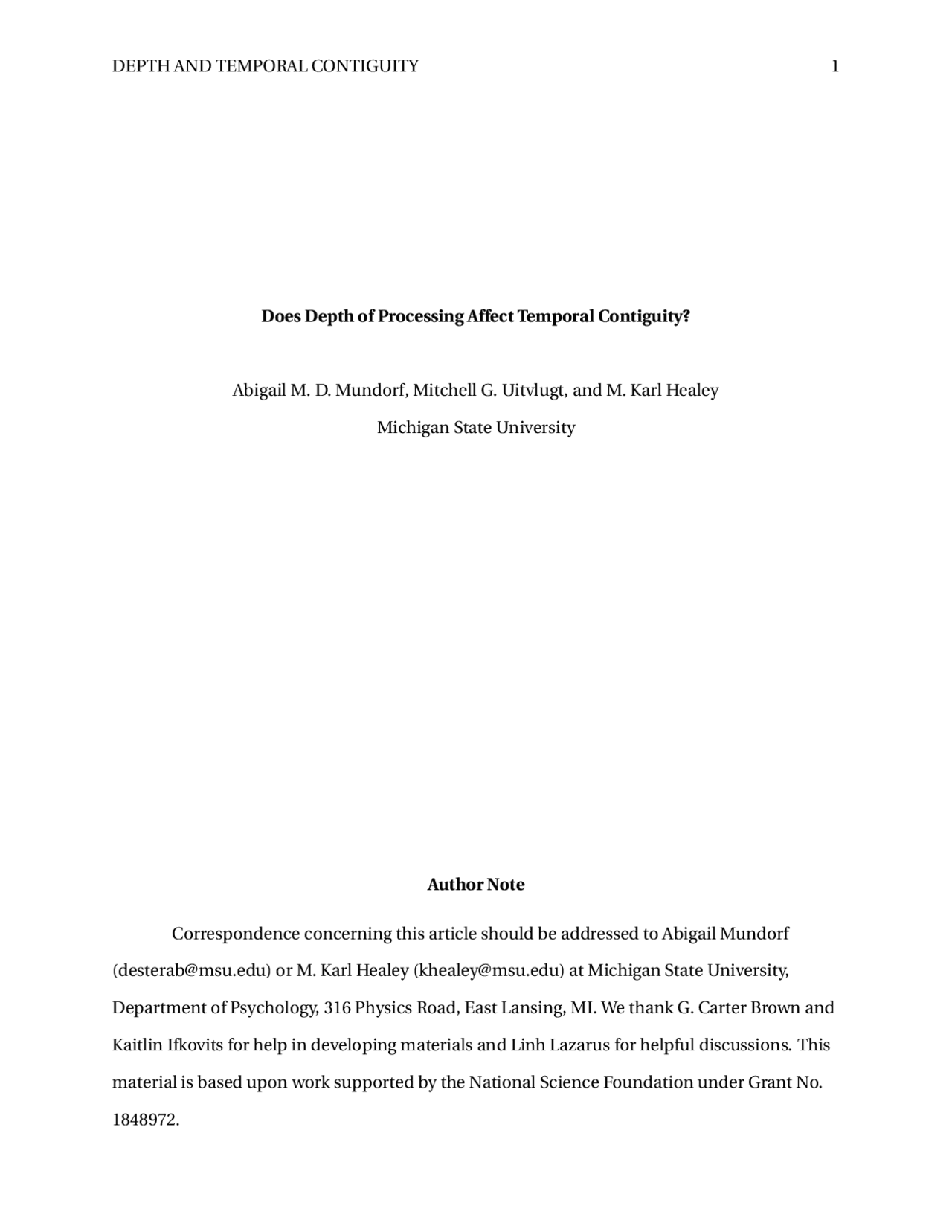 depth and temporal contiguity | Lecture notes Psychology | Docsity