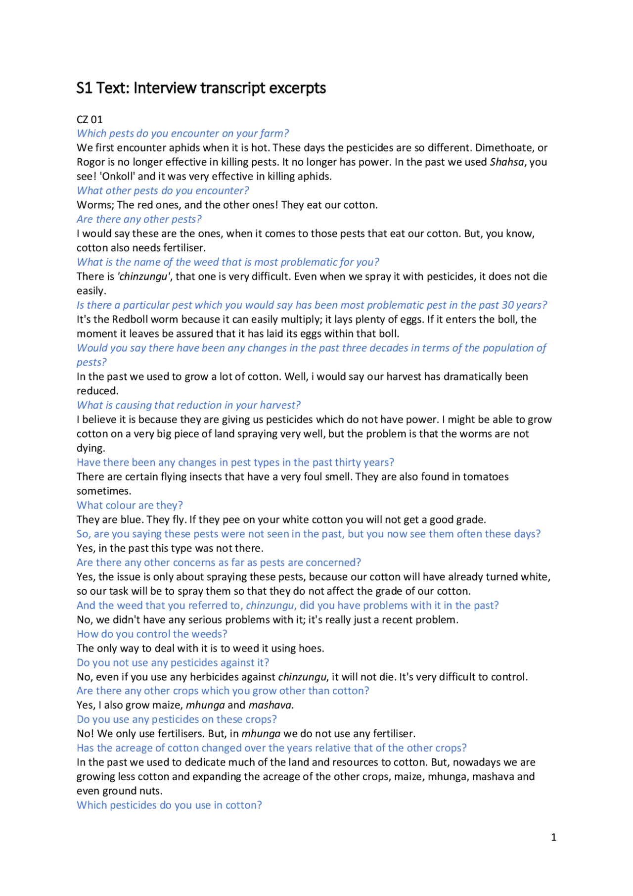 S1 Text Interview Transcript Excerpts Exams Pest Management Docsity