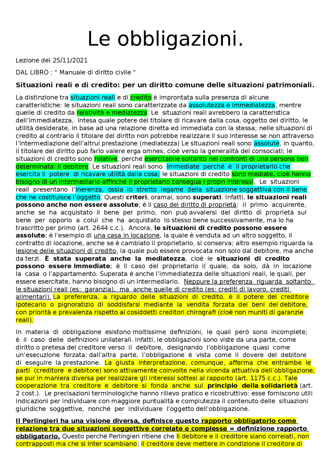 Riassunto delle obbligazioni | Sintesi del corso di Diritto Privato ...