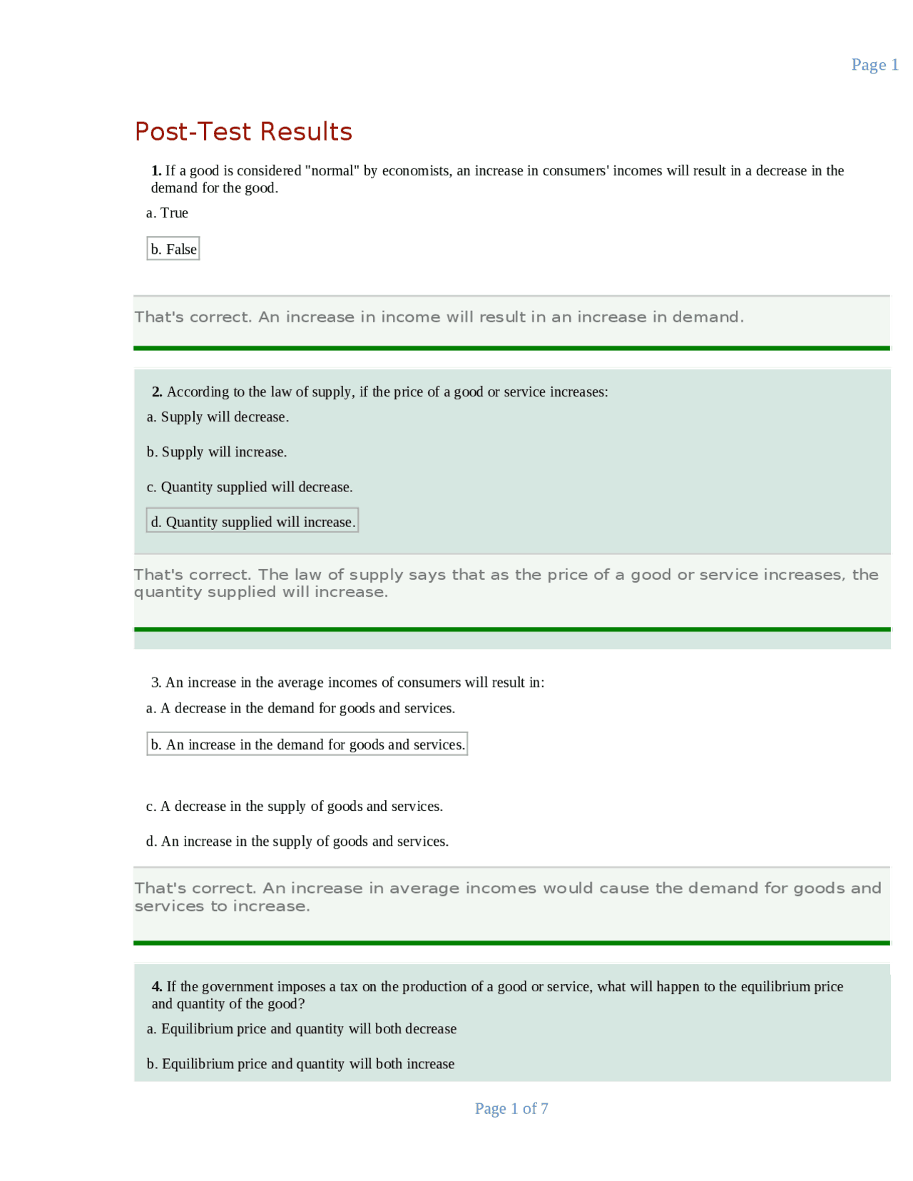 Supply & Demand Post-Test Results With Answers | Exams Economics | Docsity