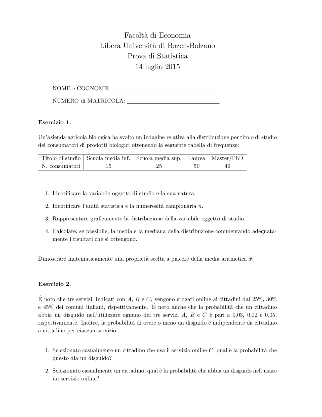 Esercizi Simil Esame Prove Desame Di Statistica Docsity