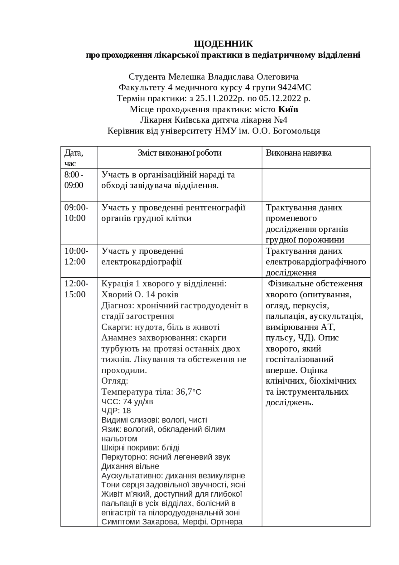 Щоденник до виробничої практики з педіатрії Рефераты Педиатрия Docsity
