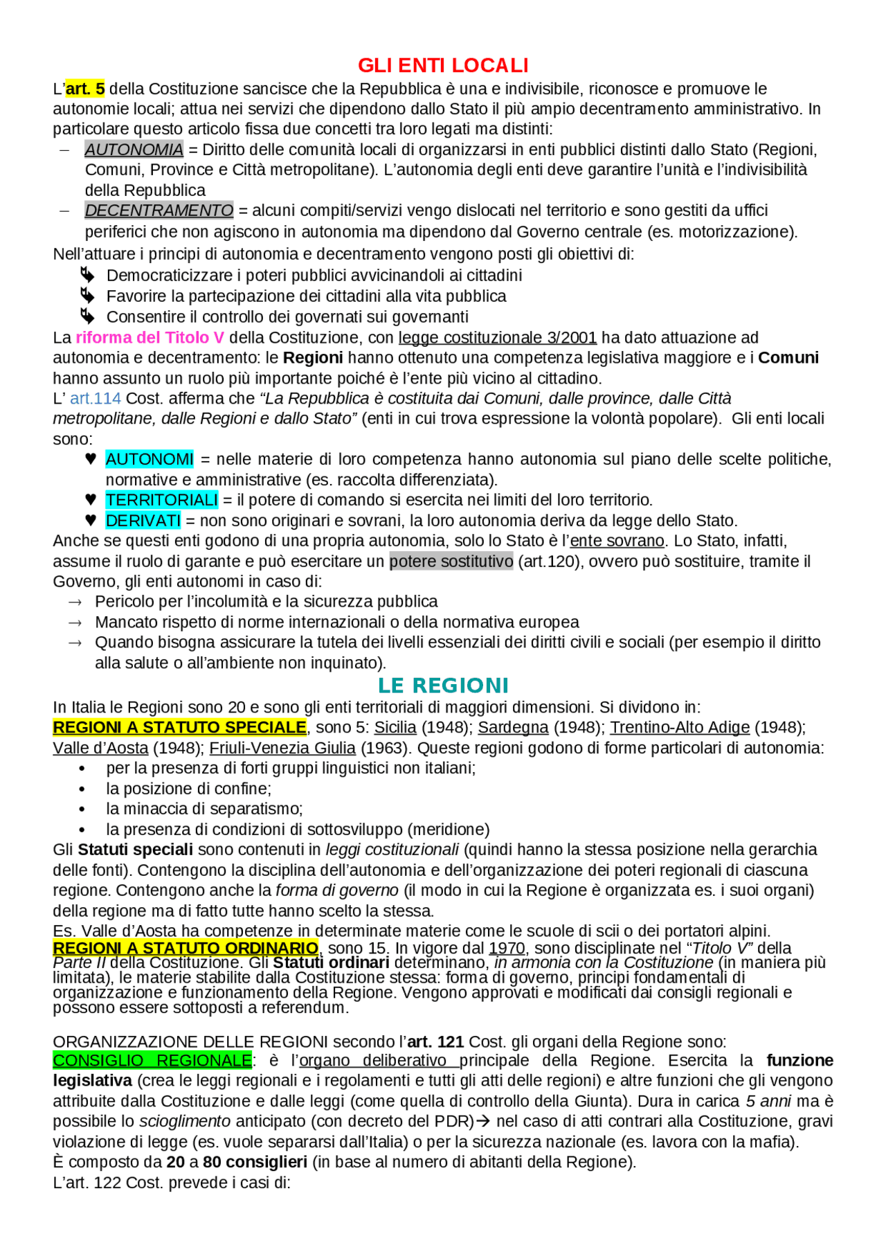 Enti Locali Regioni E Comuni Appunti Di Diritto Docsity