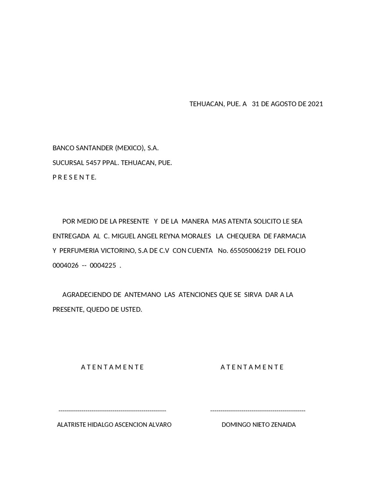 Carta solicitud de Cheque | Ejercicios de Derecho | Docsity