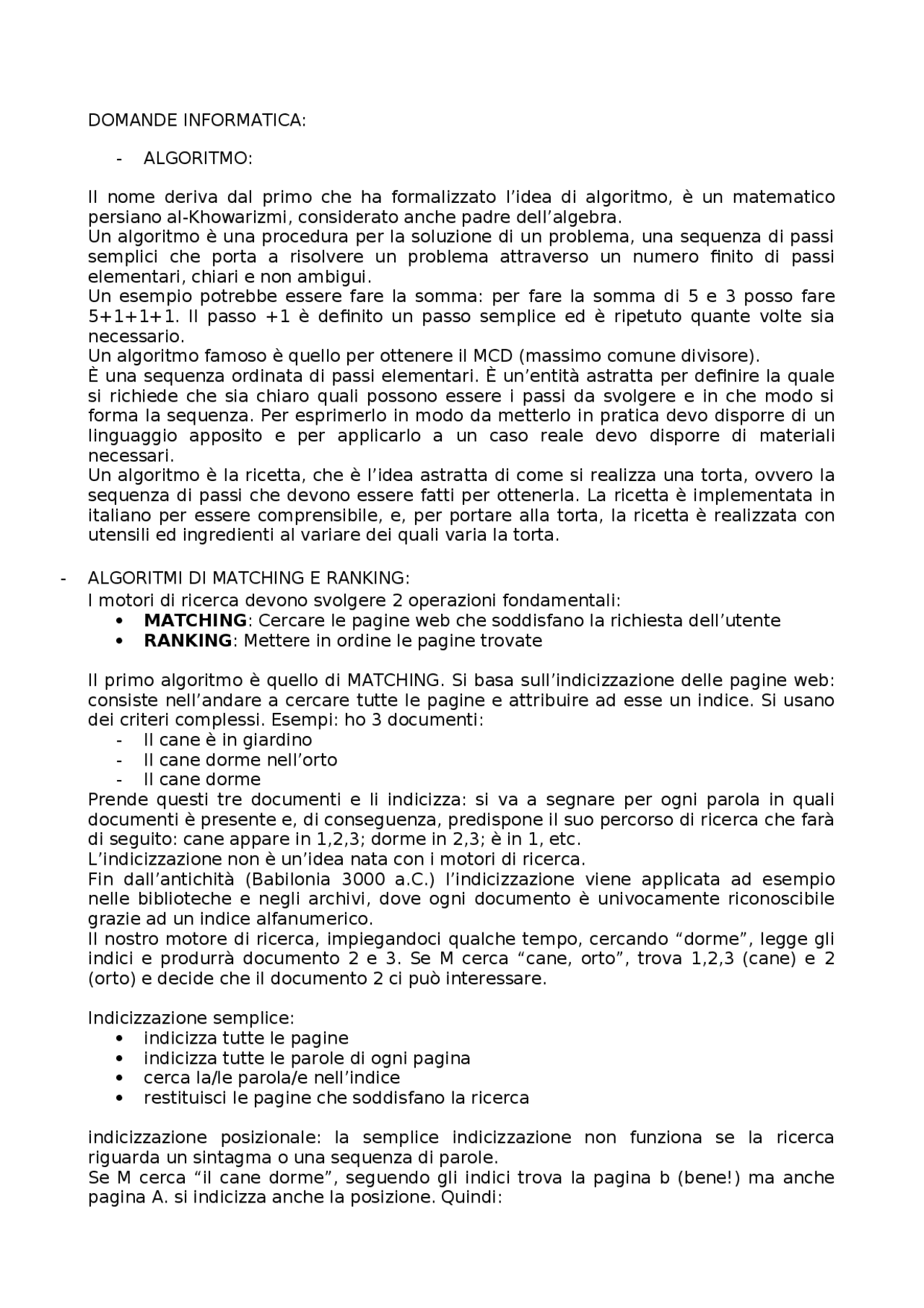 Domande parte teorica informatica | Appunti di Elementi di Informatica | Docsity