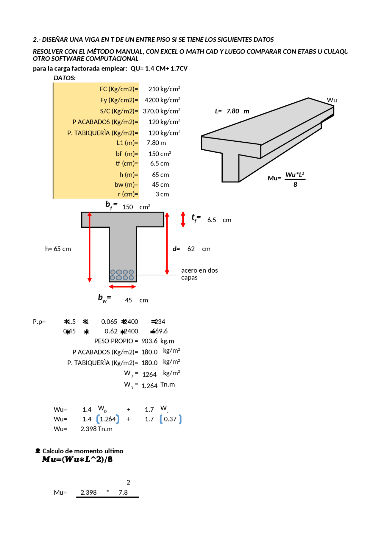 Analisis de diseño de viga en t . | Ejercicios de Análisis de Ingeniería | Docsity