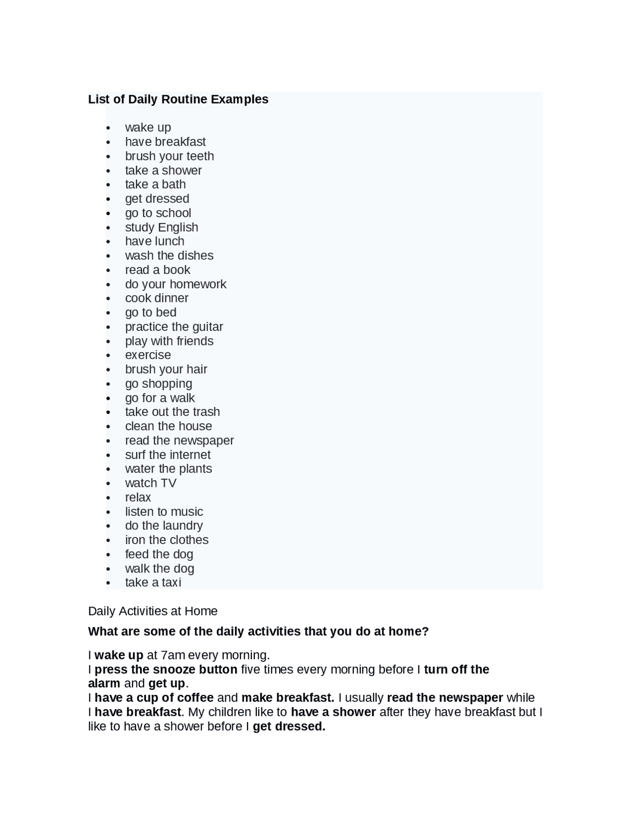 List Of Daily Routine Examples Apuntes De Inglés Docsity