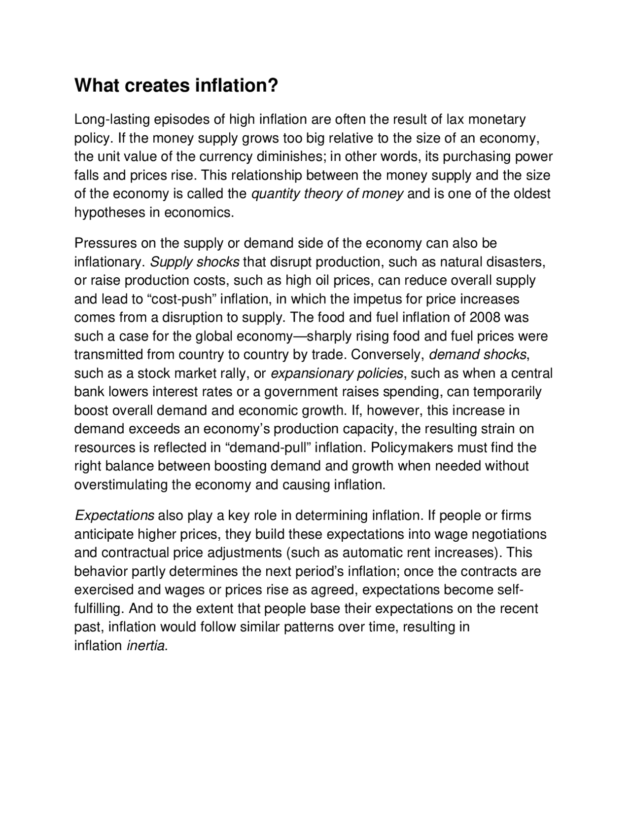 What creates inflation? | Summaries Business Finance | Docsity