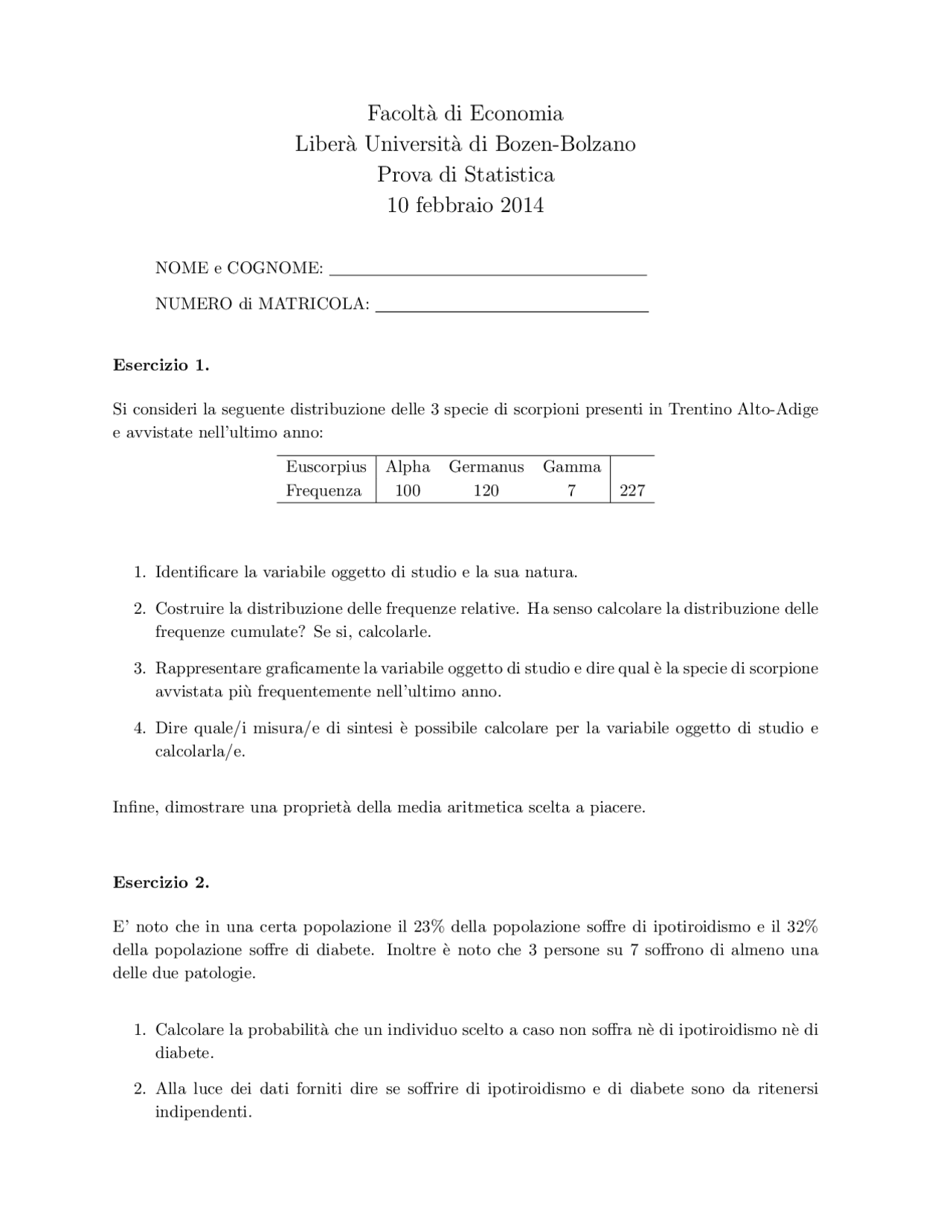 Esercizi Simil Esame Prove Desame Di Statistica Docsity