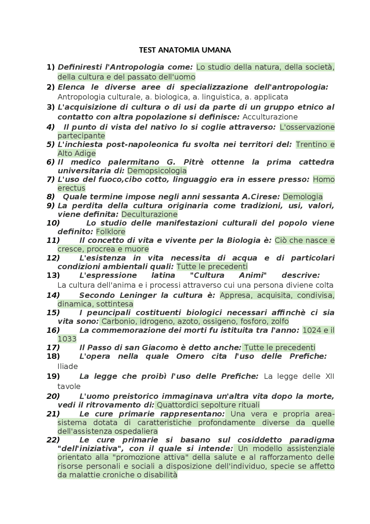 Test Di Anatomia Umana Panieri Di Anatomia Docsity