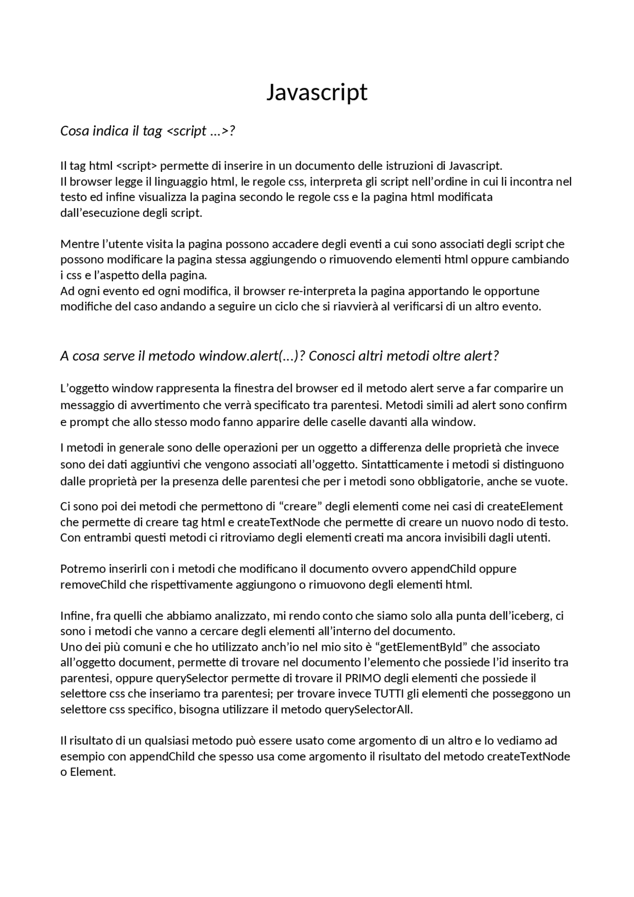 Javascript - Domande frequenti | Dispense di Tecniche E Linguaggi Di Programmazione | Docsity