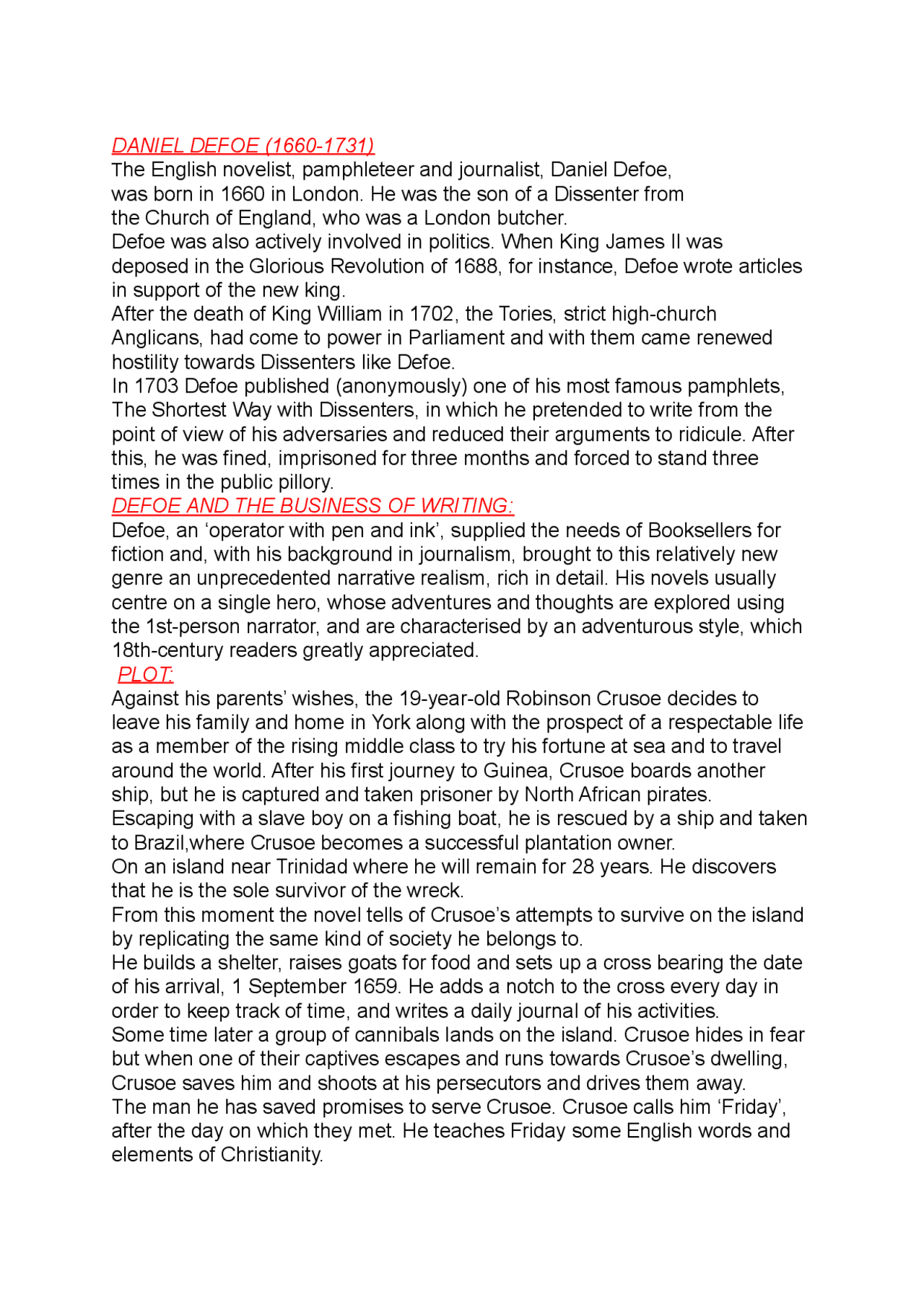 Daniel defoe la sua vita e le sue opere | Appunti di Inglese | Docsity