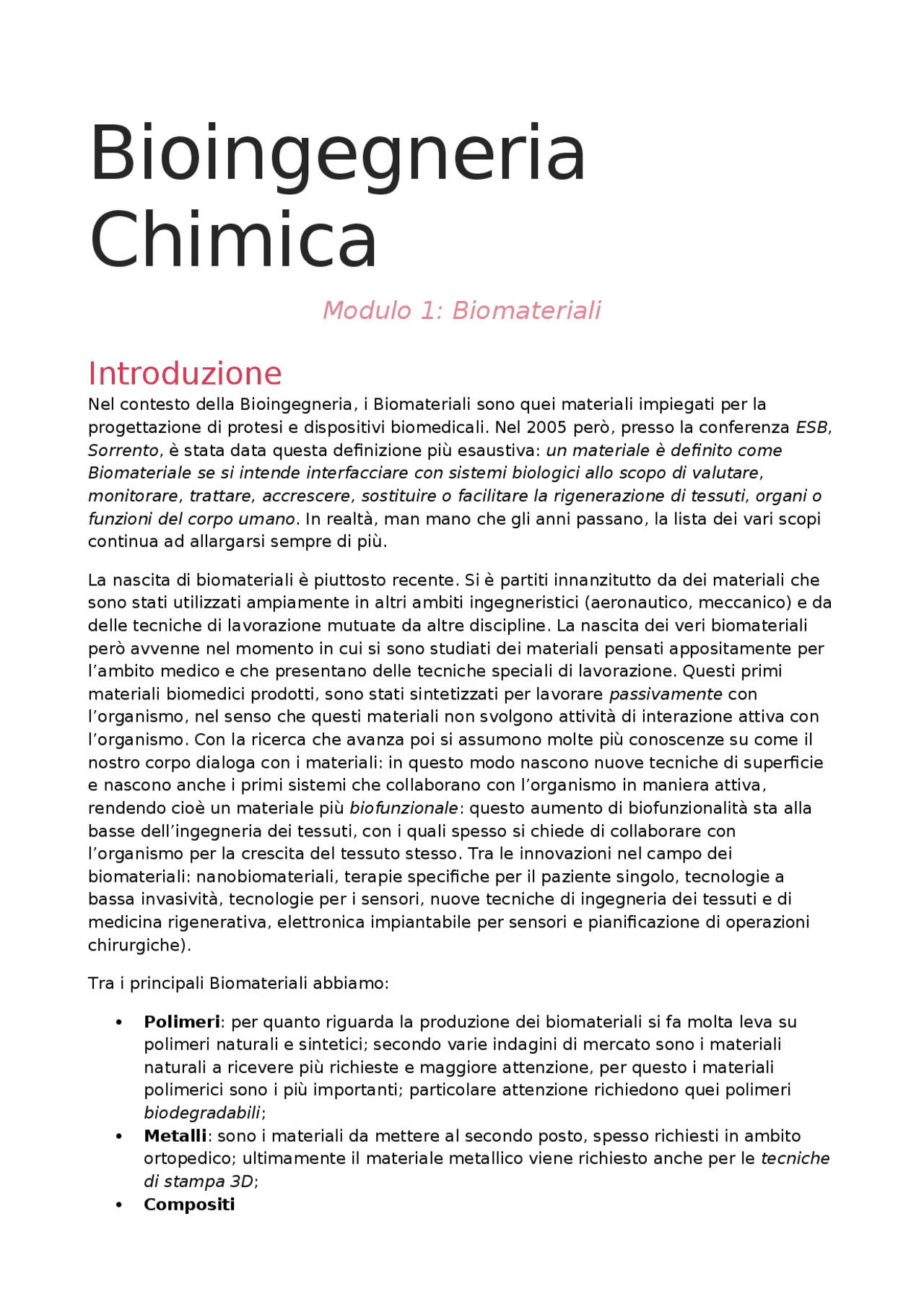 Bioingegneria Chimica Modulo 1 Appunti Di Scienza E Tecnologia Dei