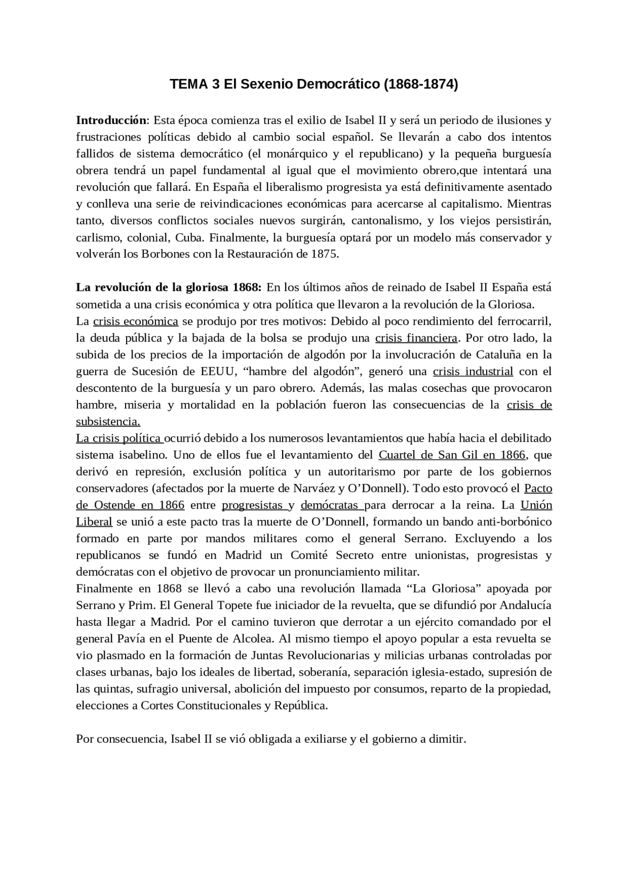 El sexenio democrático | Resúmenes de Historia de España | Docsity