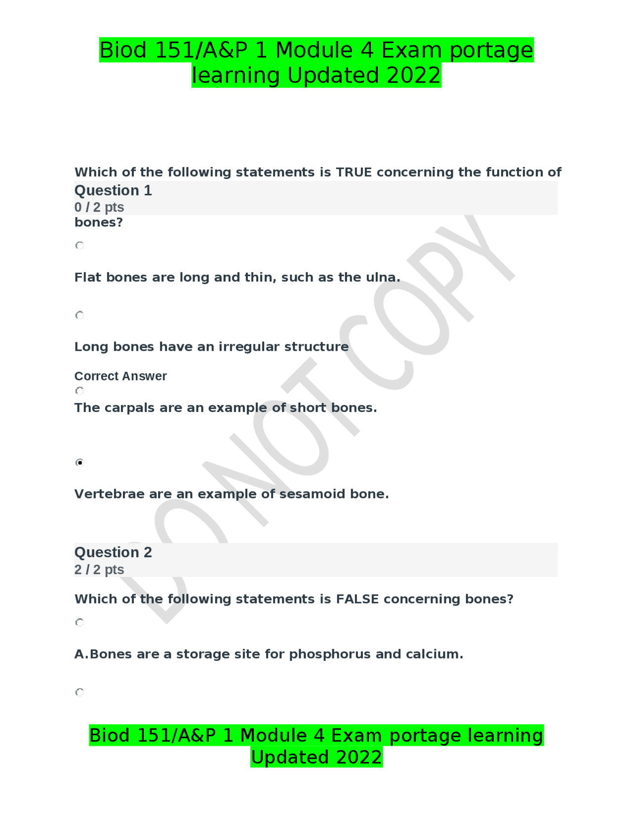 Biod 151/A&P 1 Module 4 Exam portage learning Updated 2022 | Exams ...