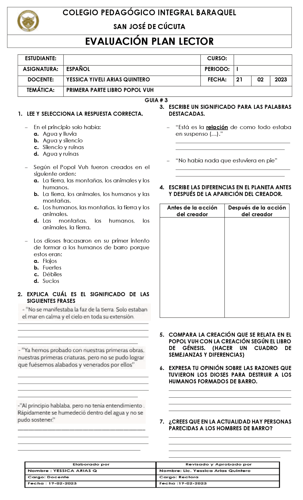 Taller de popol vuh noveno | Exámenes selectividad de Lengua y Literatura | Docsity