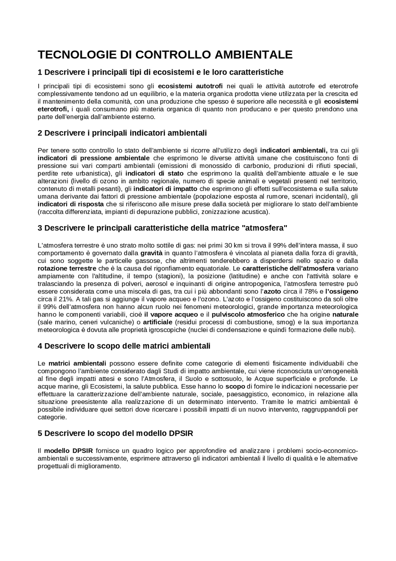 TECNOLOGIE DI CONTROLLO AMBIENTALE - DOMANDE APERTE- BARONE LORENZO ...