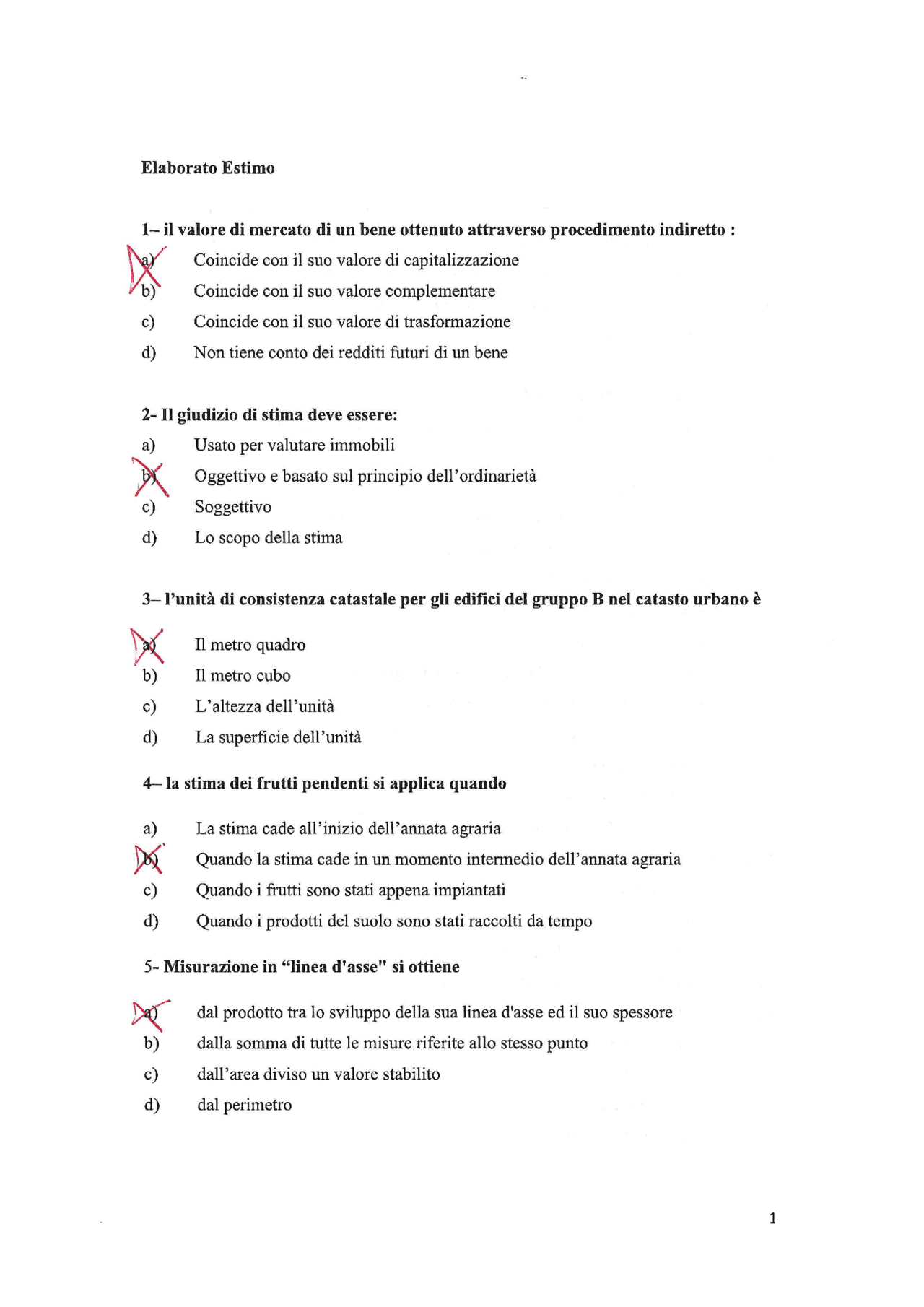 Test estimo esempio esame | Test d'ammissione di Estimo | Docsity
