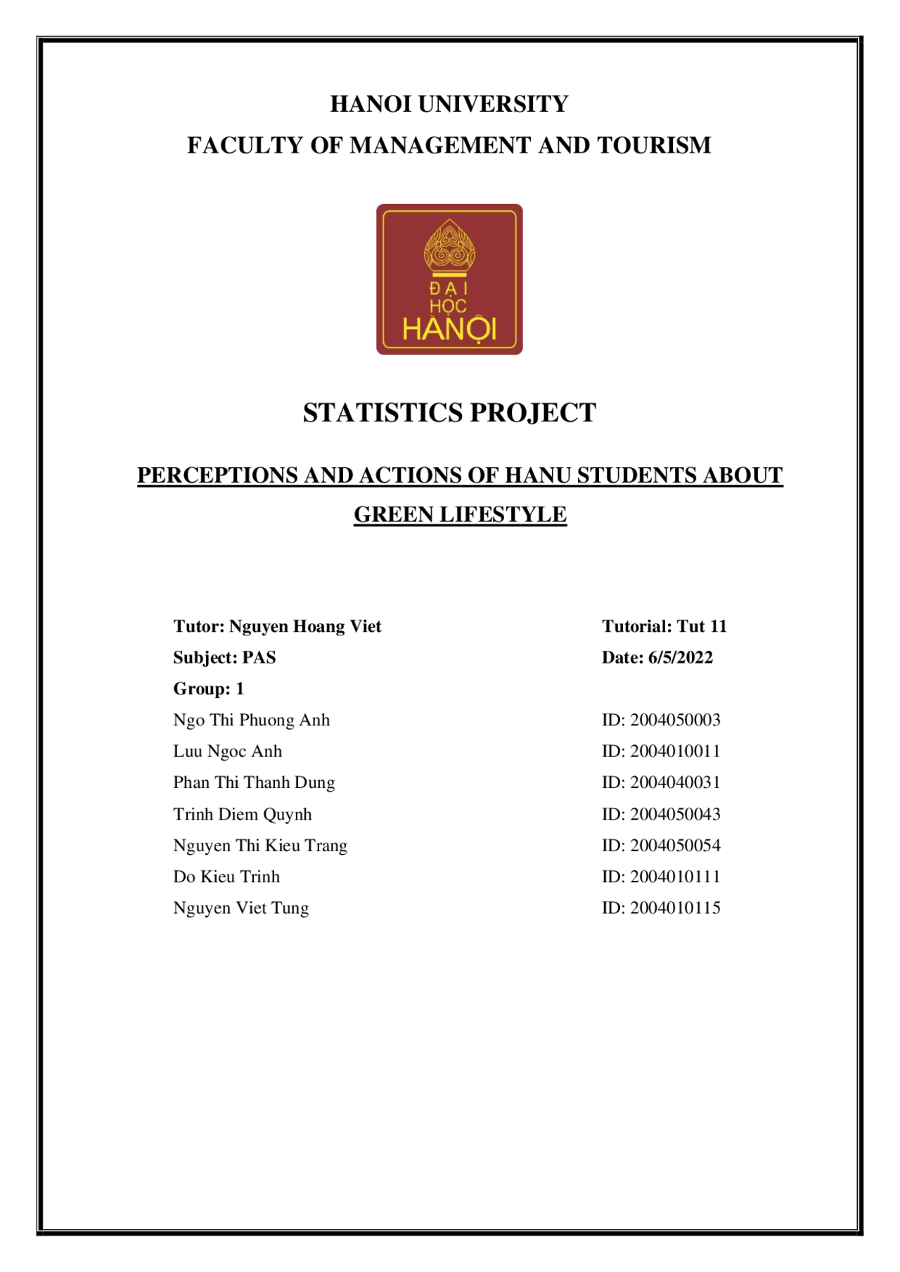 Perceptions and Actions of HANU Students About Green Lifestyle | Essays (university) Probability ...
