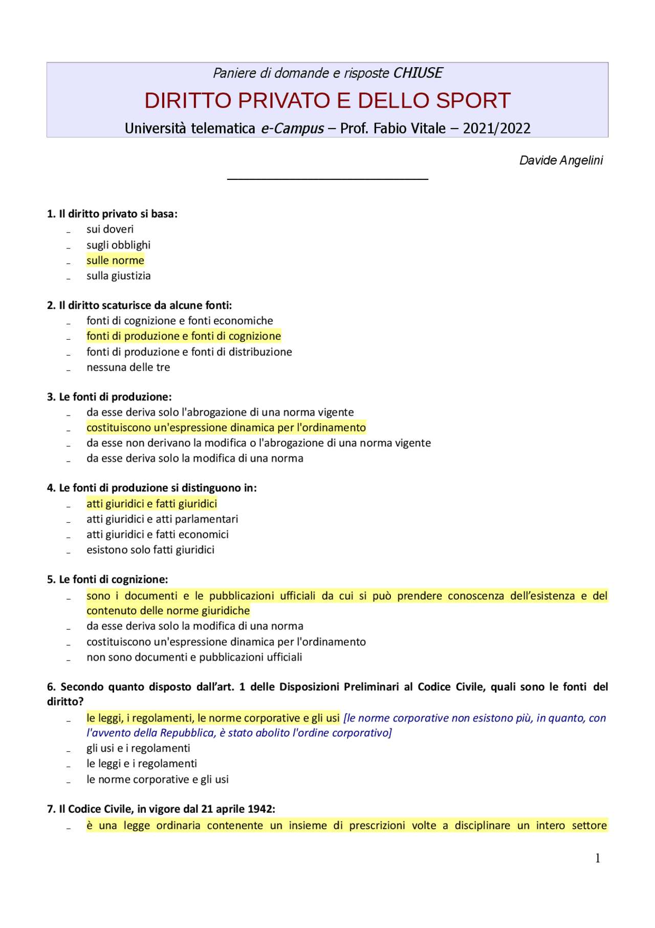 Paniere risposte CHIUSE di Diritto Privato e dello Sport - eCampus (Prof. Vitale - 2022 ...