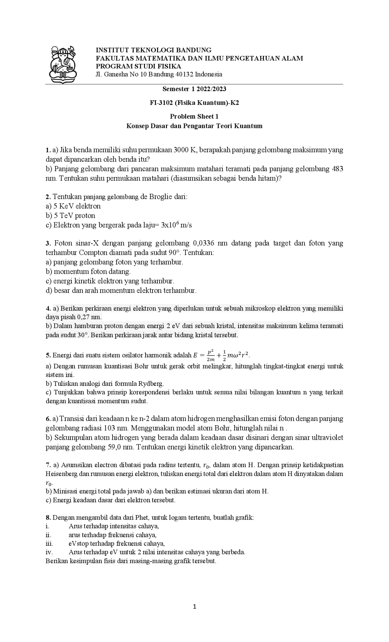 Exercises For Quantum Physics Assignments Quantum Physics Docsity