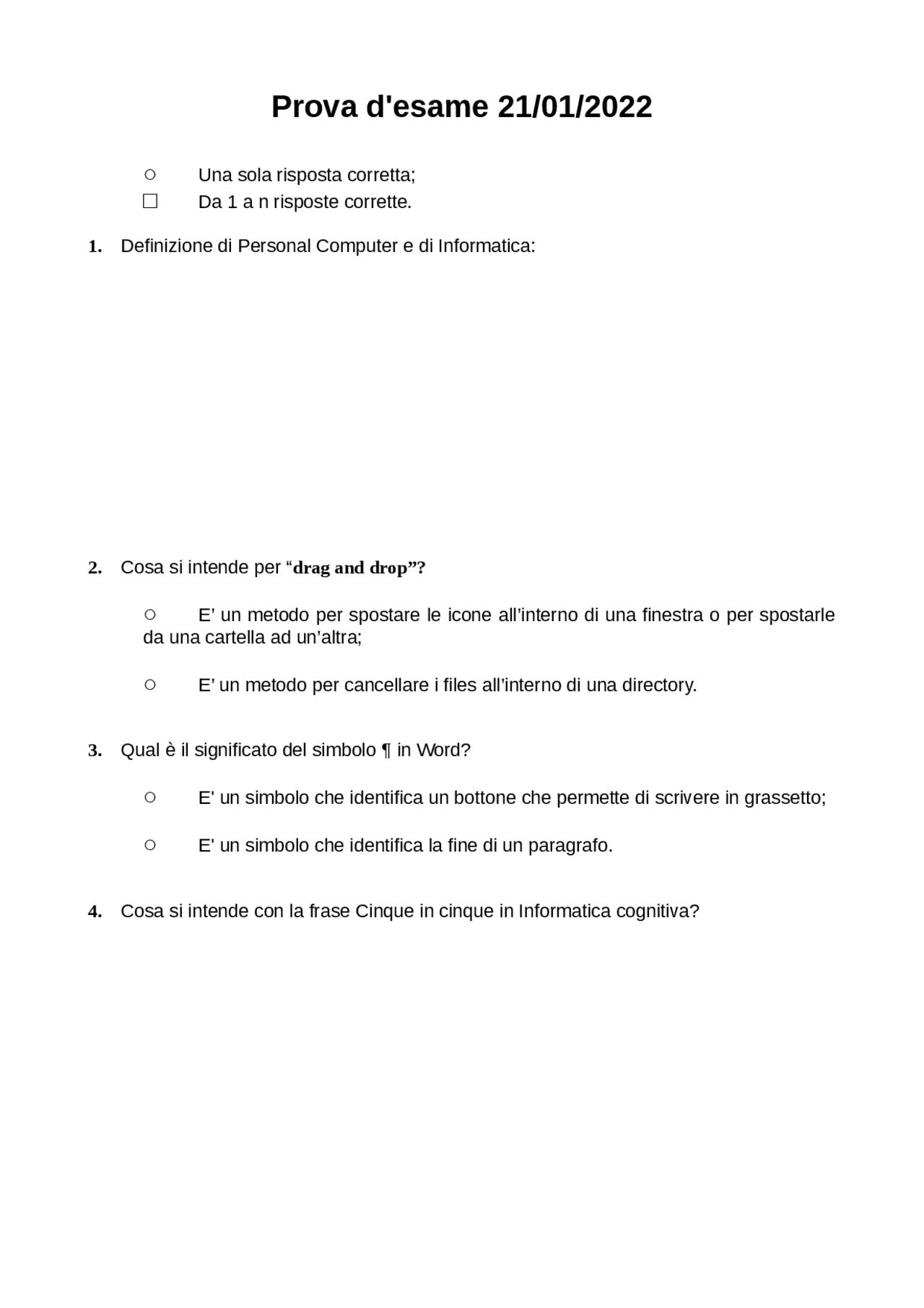 Informatica Generale Unito | Prove d'esame di Fondamenti di informatica | Docsity