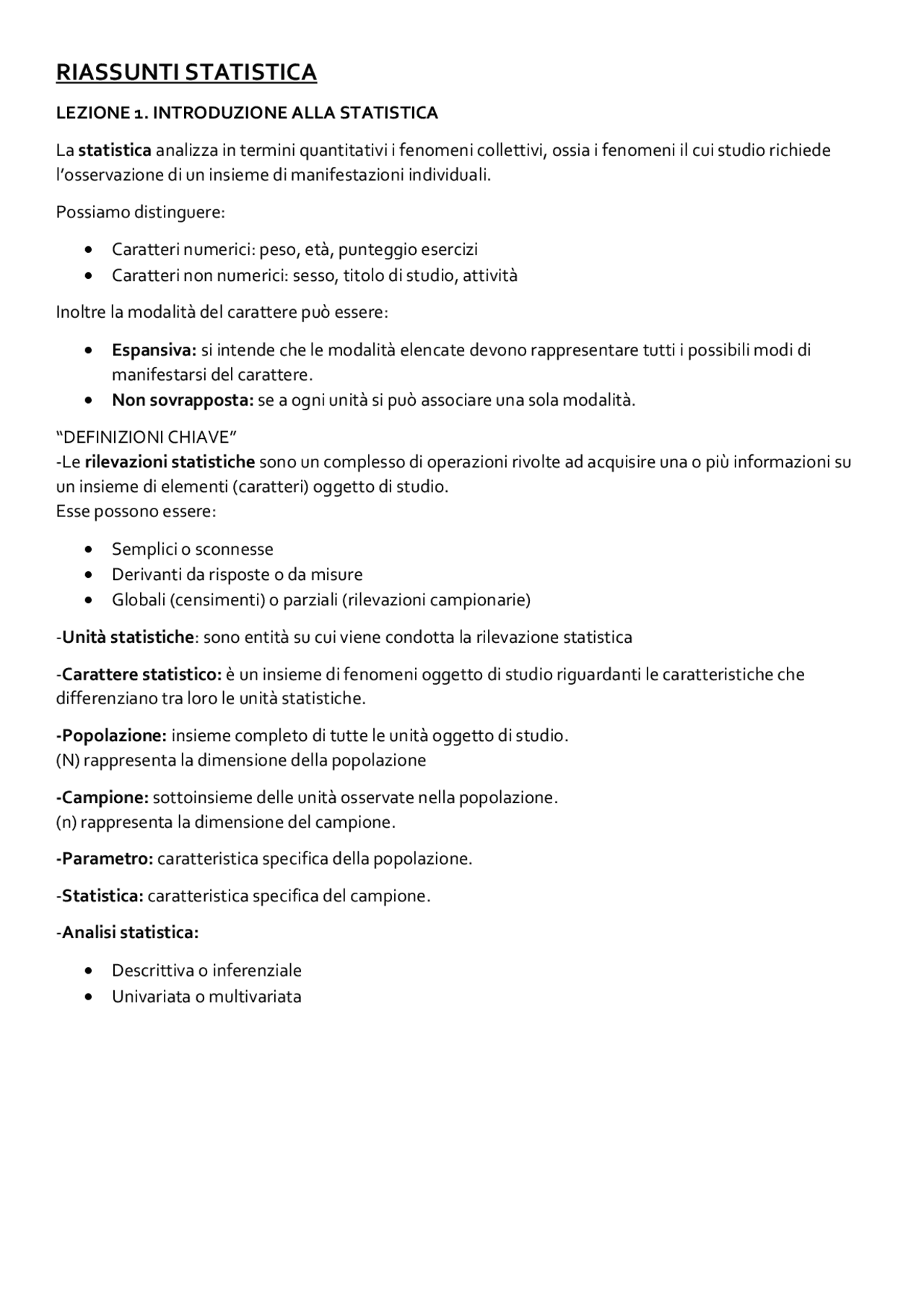 Riassunti statistica | Dispense di Statistica | Docsity