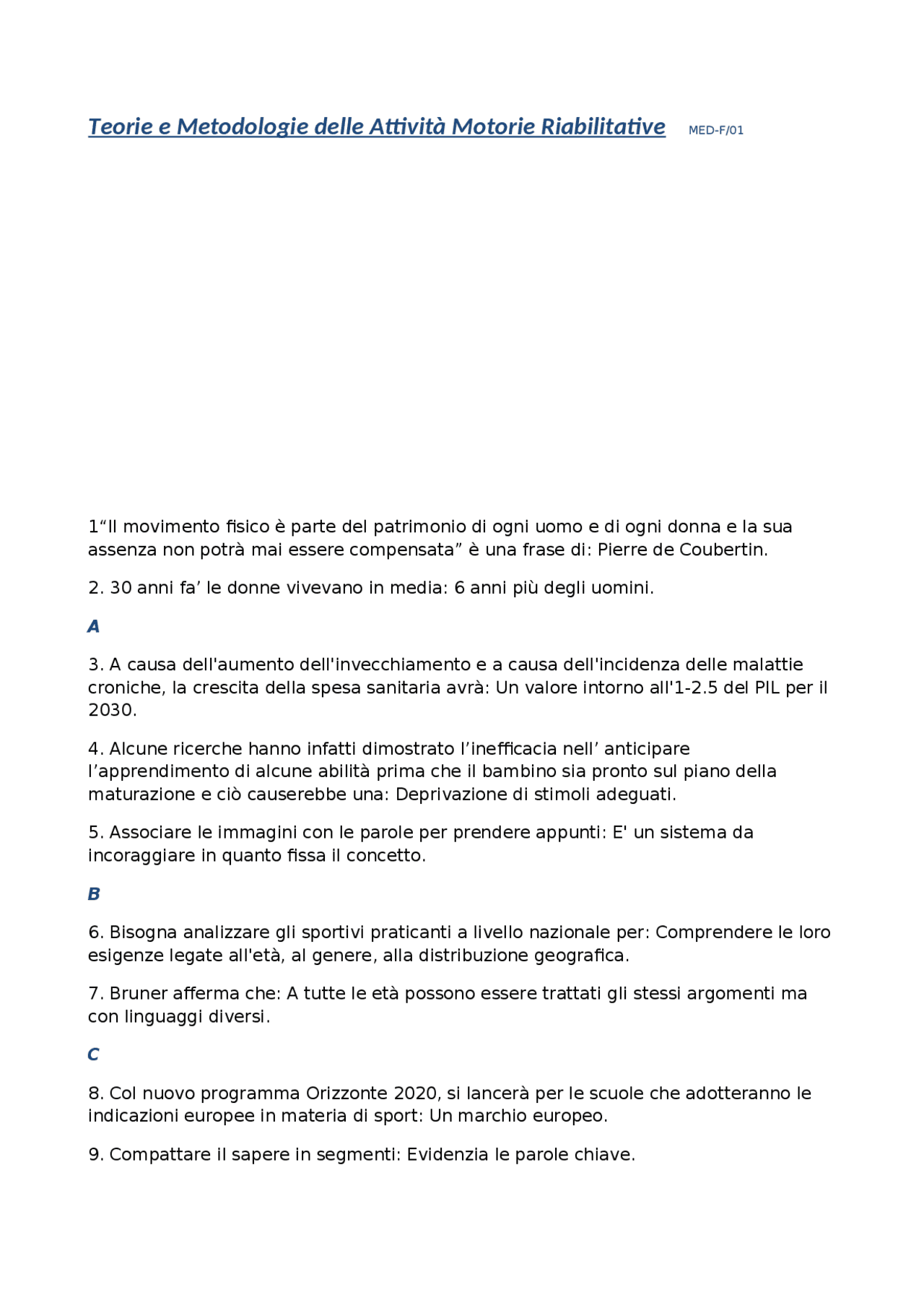 Teorie E Metodologie Delle Attività Motorie E Riabilitative Prove D