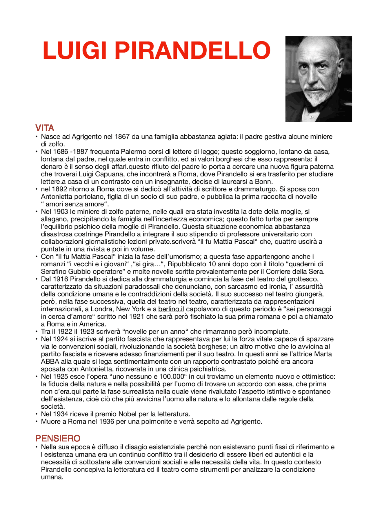 La vita e le opere di Luigi Pirandello | Appunti di Lingue e letterature classiche | Docsity