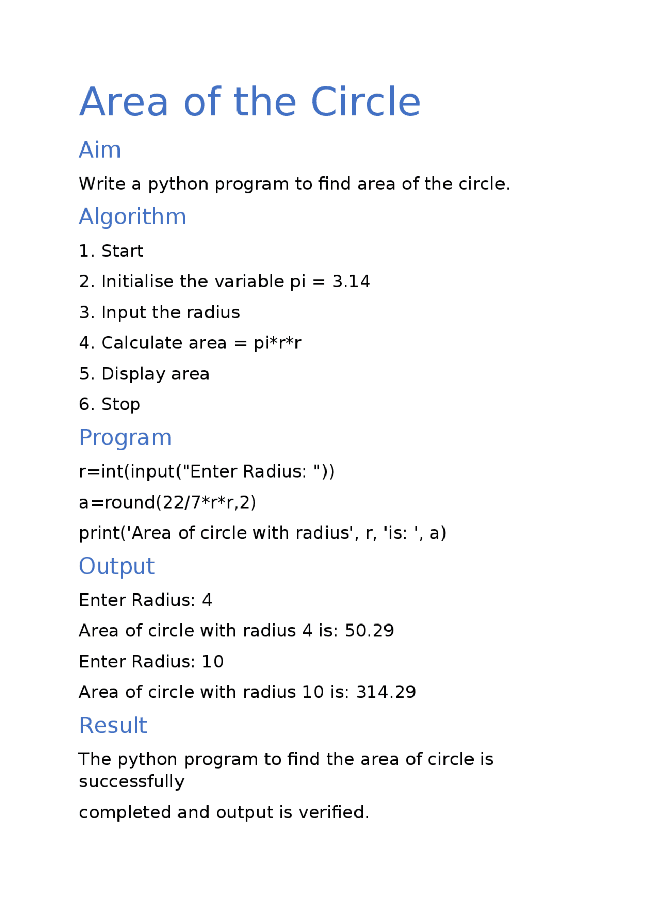 Python program to find the AREA OF A CIRCLE | Exercises Computer science | Docsity