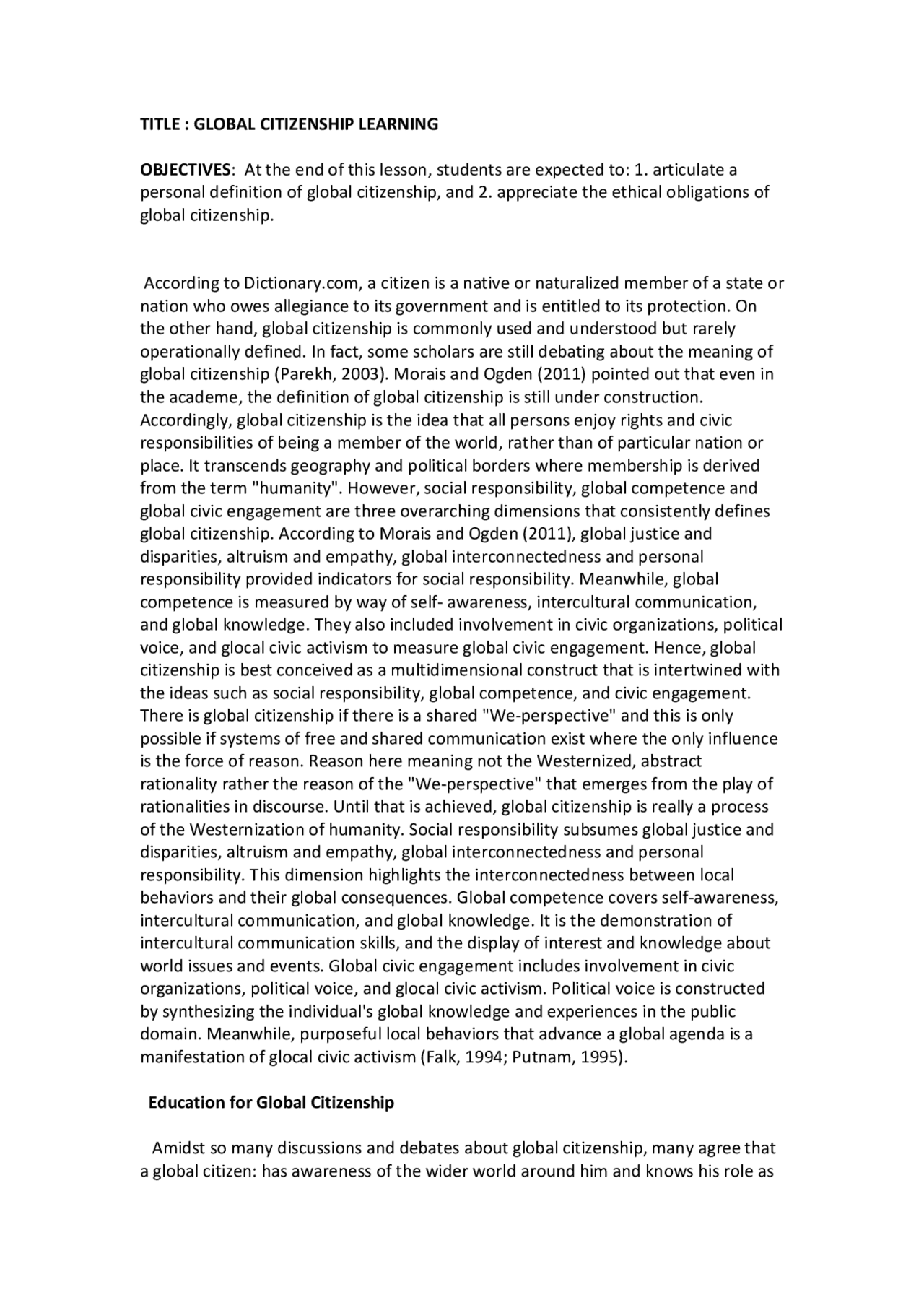 GLOBAL CITIZENSHIP LEARNING | Summaries Contemporary History | Docsity