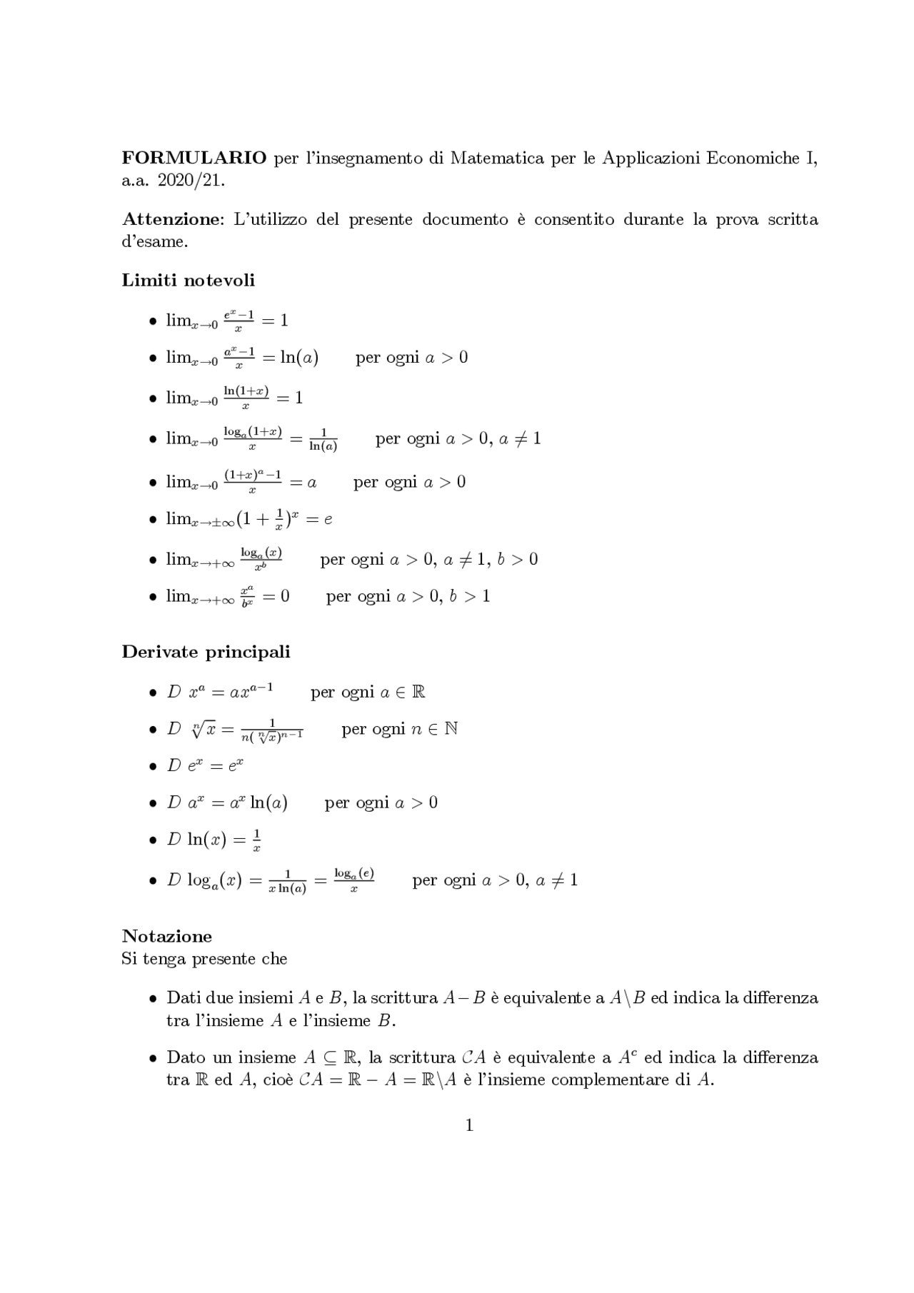 FORMULARIO Matematica per le applicazioni economiche. Università degli Studi di Firenze ...