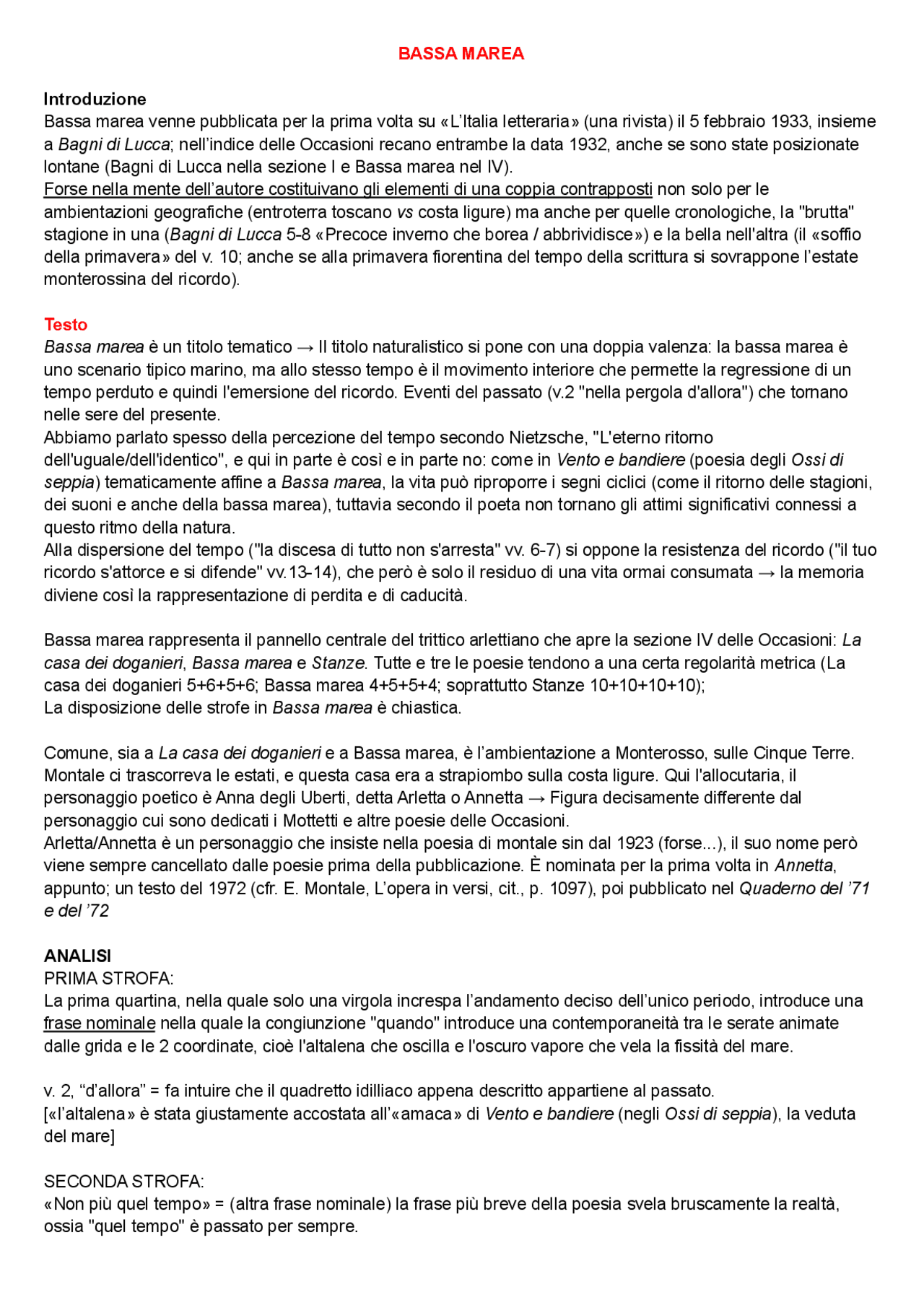 BASSA MAREA - Eugenio Montale | Schemi e mappe concettuali di Letteratura Italiana | Docsity