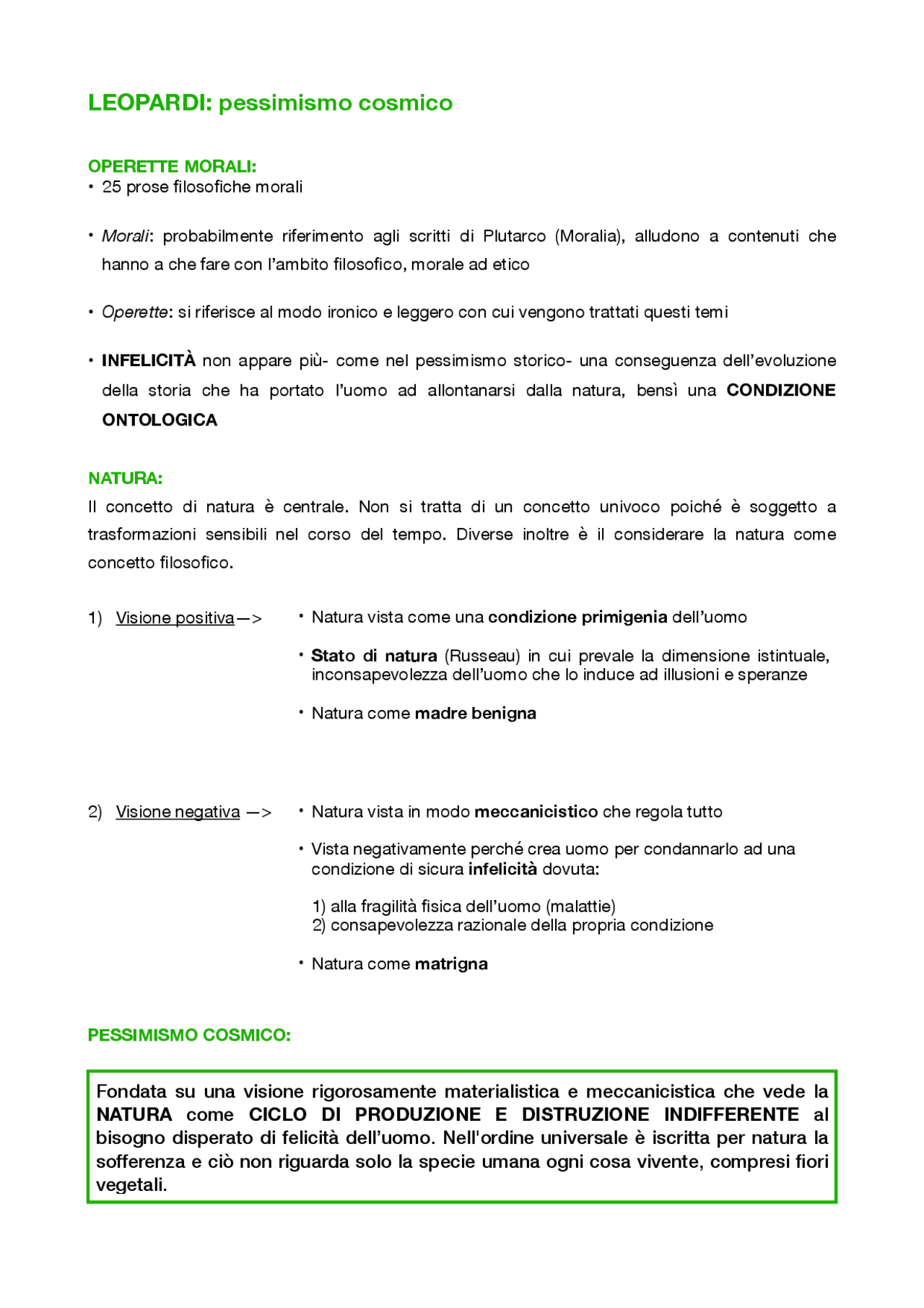 Leopardi, pessimismo cosmico | Schemi e mappe concettuali di Italiano | Docsity