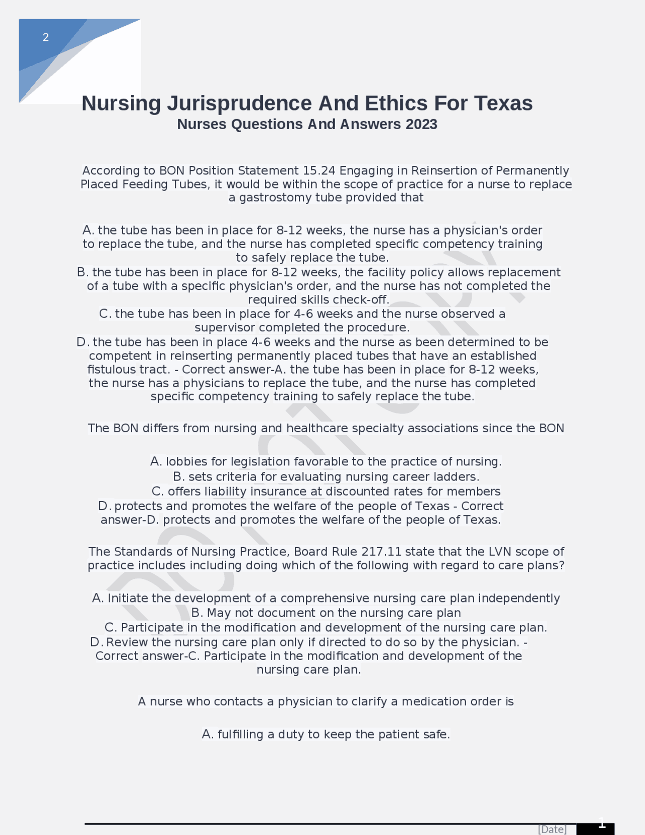 Nursing Jurisprudence And Ethics For Texas Nurses Questions And Answers