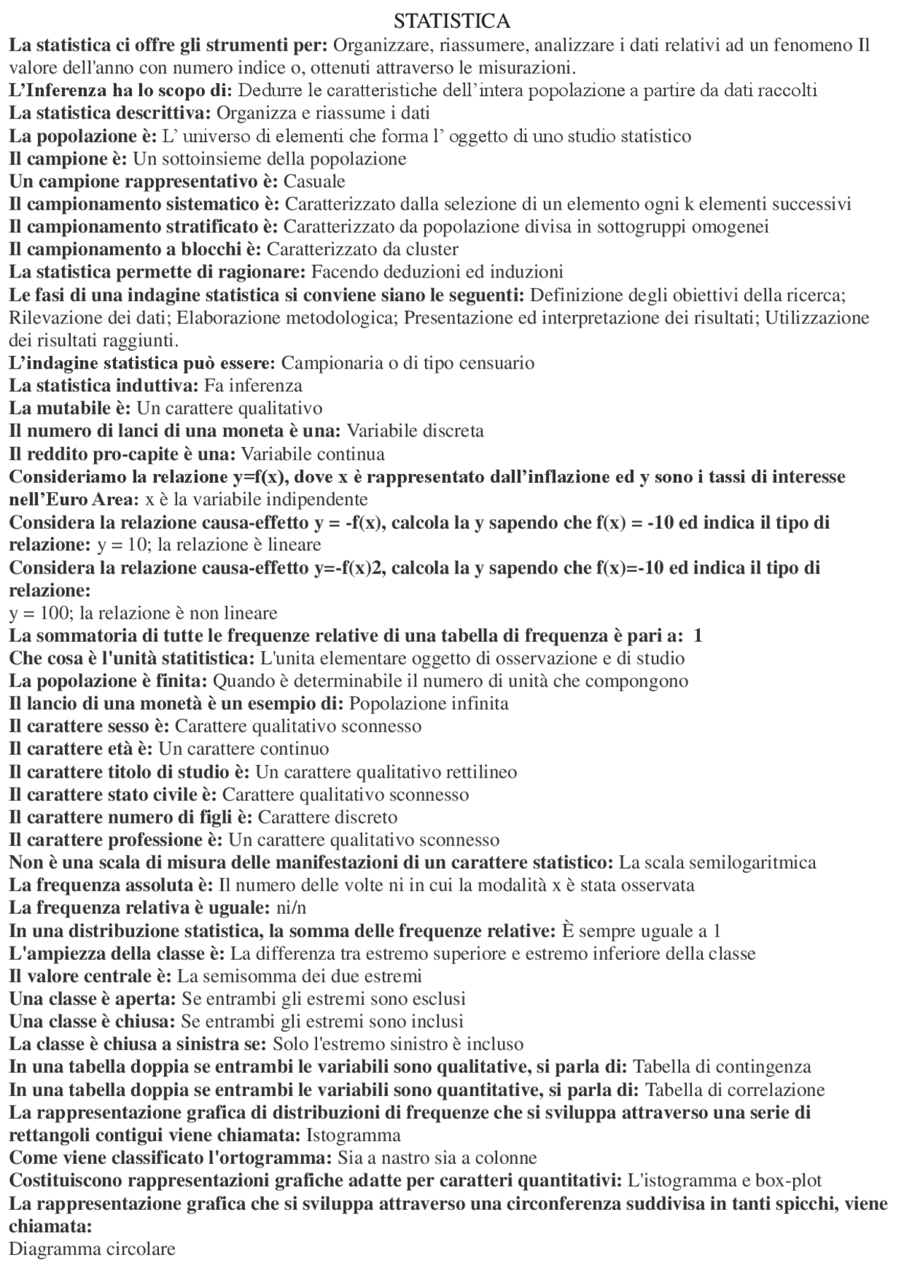 STATISTICA esame domande pegaso economia | Panieri di Statistica | Docsity