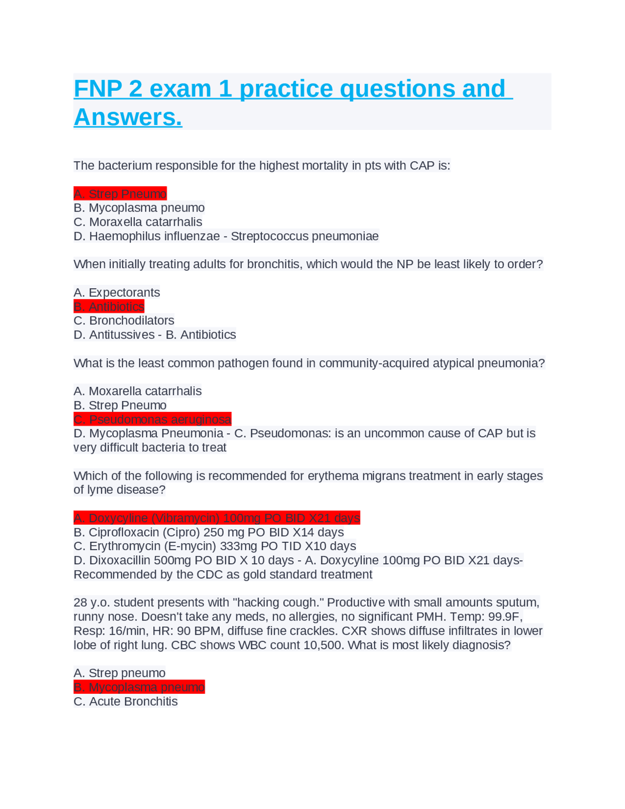 FNP 2 exam 1 practice questions and Answers | Exams Nursing | Docsity