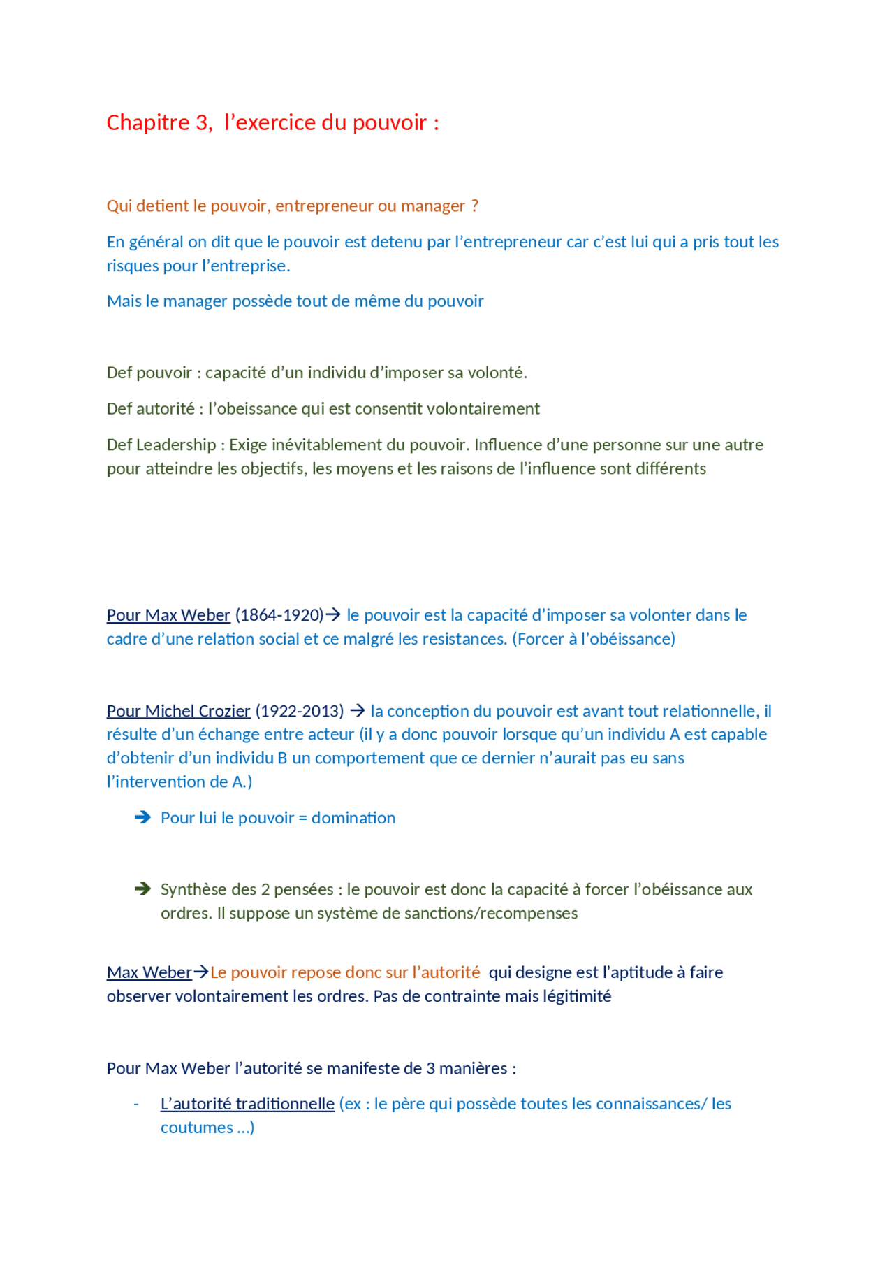 Chapitre 3 Lexercice Du Pouvoir Notes Gestion De Projet Docsity