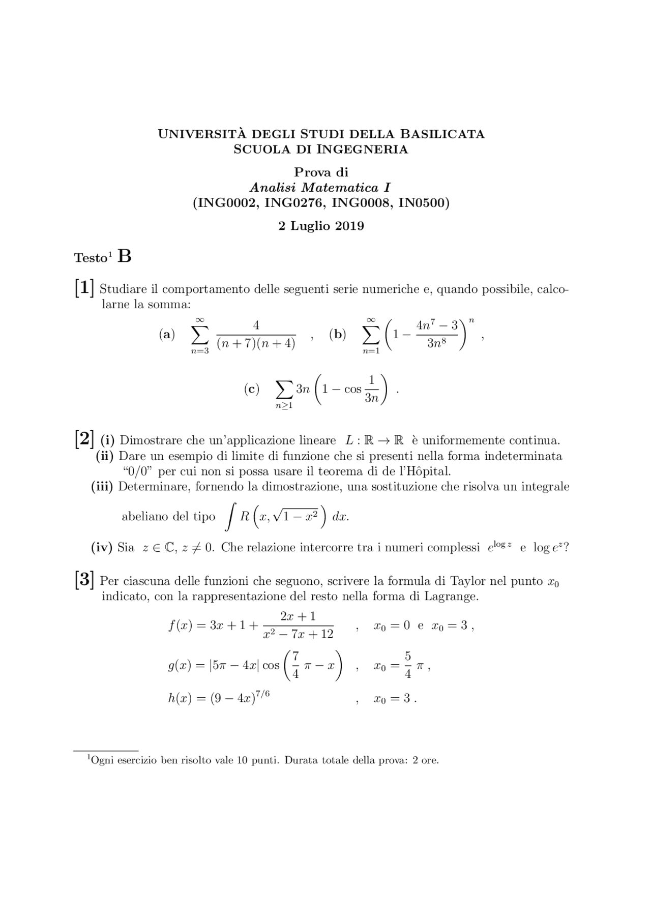 Tipico Esame Del Corso Prove Desame Di Analisi Matematica I Docsity