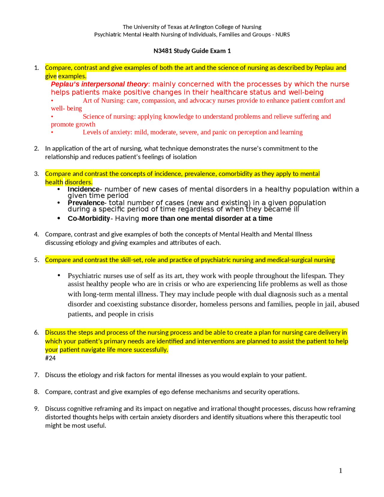 Study Guide Exam 1 NURS 3481 Psychiatric Mental Health Nursing of Individuals, Families a ...