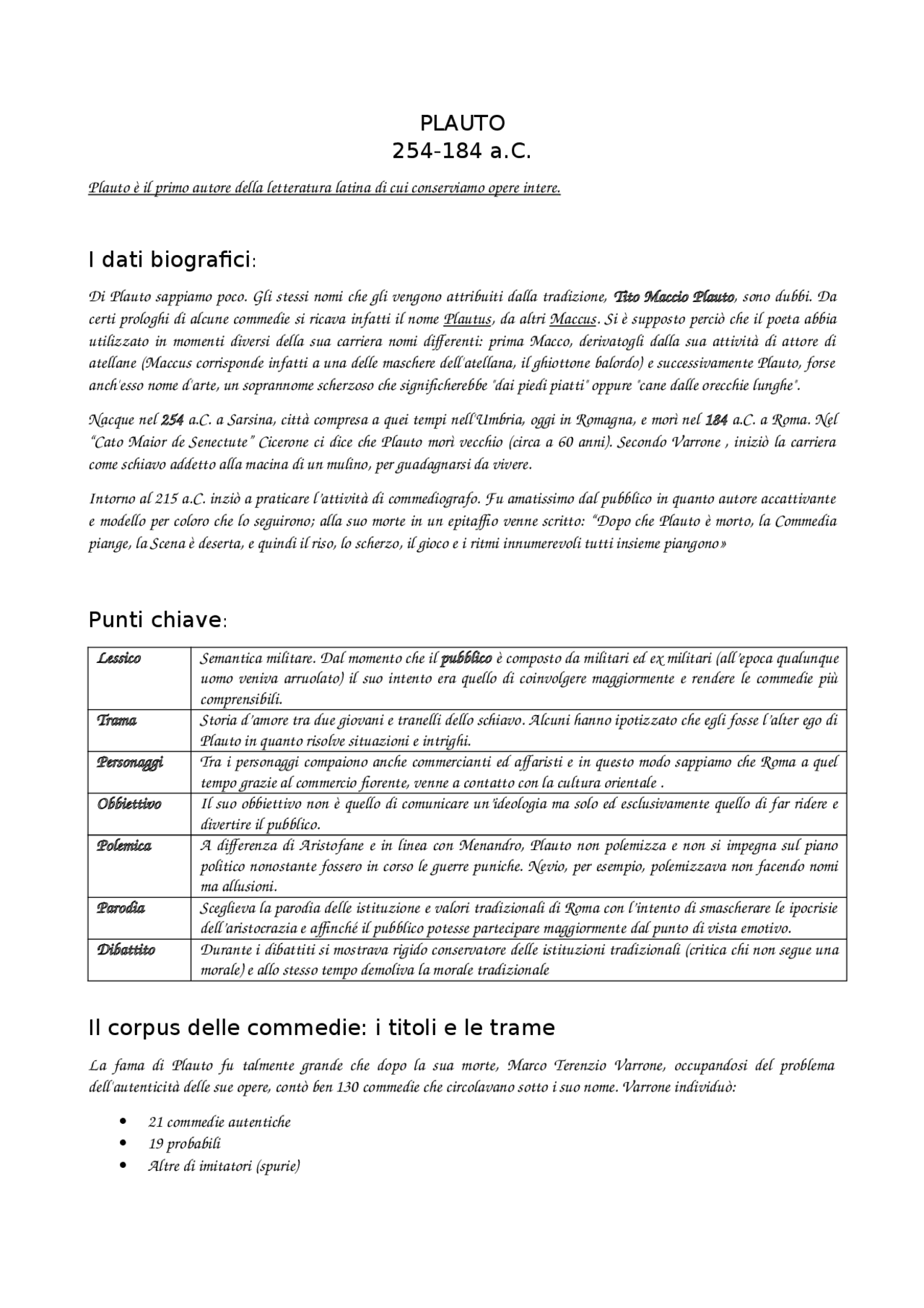 Plauto Autore E Commedie Appunti Di Latino Docsity