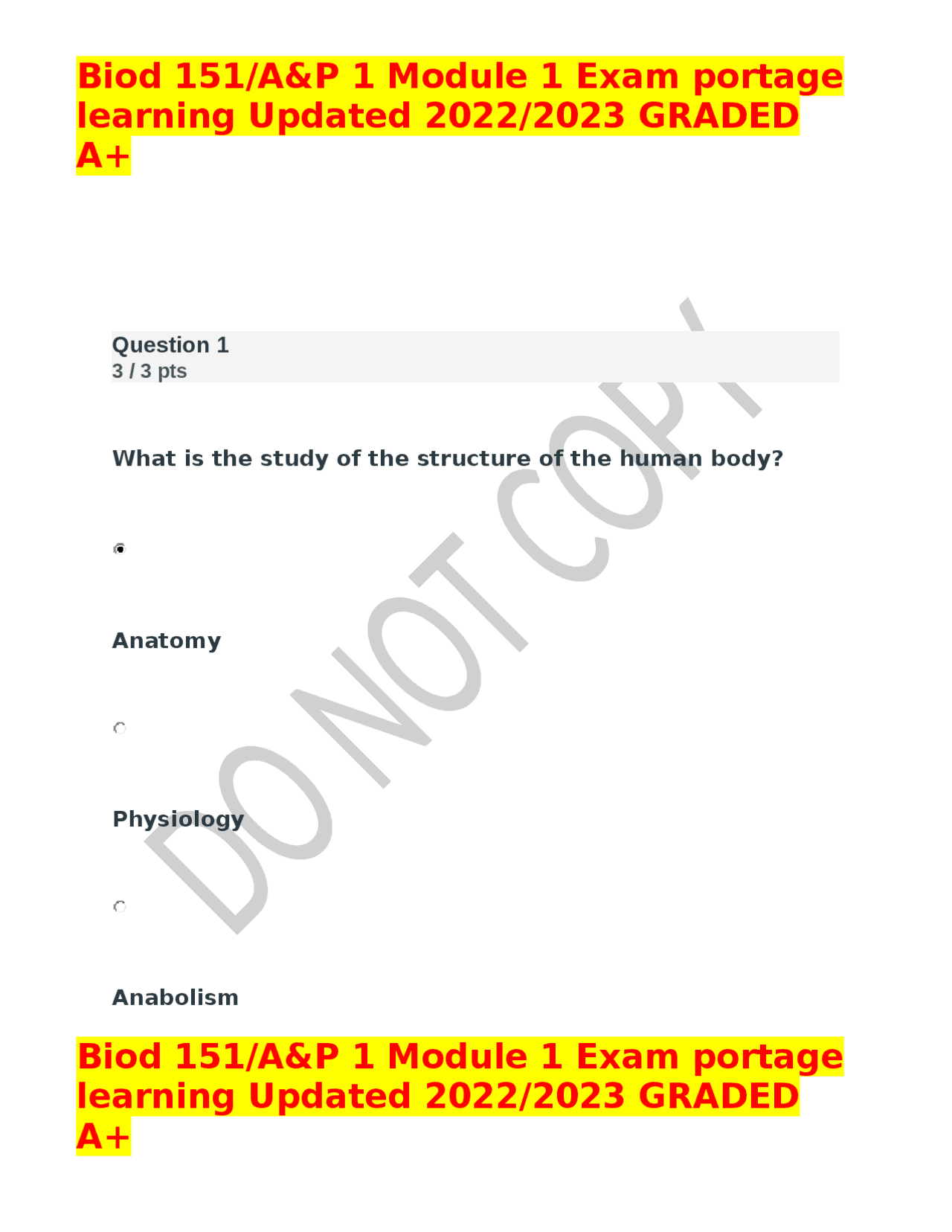 Biod 151/A&P 1 Module 1 Exam portage learning Updated 2022/2023 GRADED ...